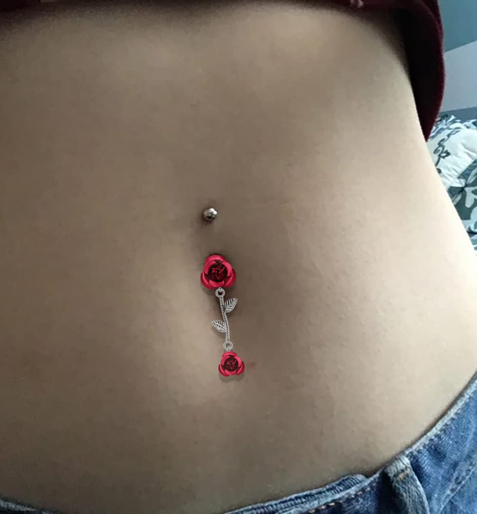 Red Double Rose with Leaf Dangling Design 925 Sterling Silver Belly Button Piercing Ring Jewelry