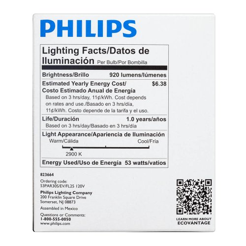 Philips PAR30S Dimmable Flood Light Bulb, 920 Lumen, Bright White (2860K), 53W=75W, E26 Medium Base, 1-Pack