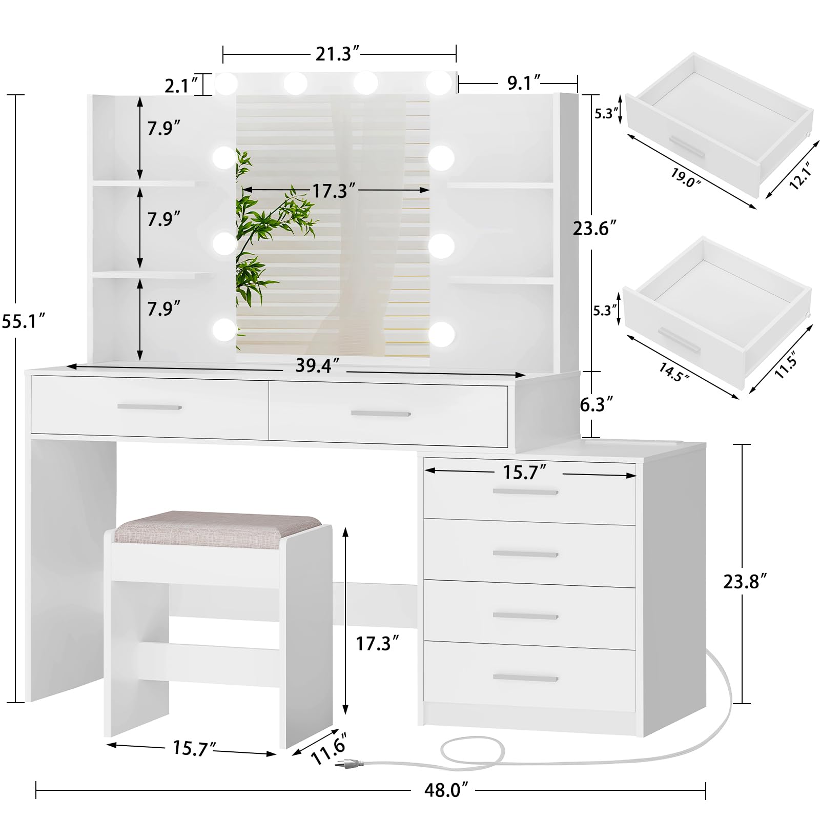 Quimoo 48" Large Vanity Desk with Mirror & Lights, Makeup Vanity Table with 6 Drawers & Power Outlet, 4 Open Storage Shelves, Vanity Desk Set with Stool, for Women Girls, White