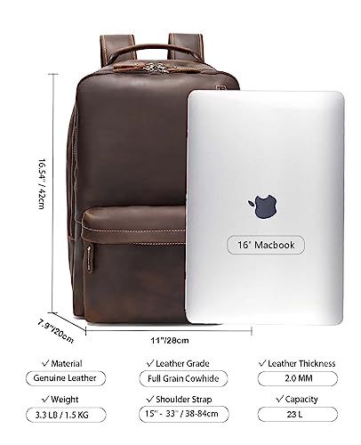 Taertii Full Grain Genuine Leather Backpack for Men, Fits 16" Laptop, Business Travel Work Daypack Rucksack 23L