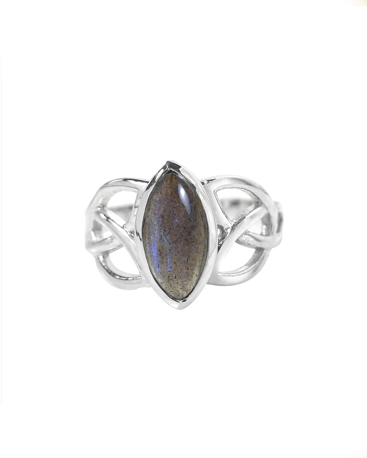 YoTreasure Marquise Shape Labradorite Birthstone Gemstone 925 Sterling Silver Victorian Style Triquetra Celtic Trinity Knot Ring