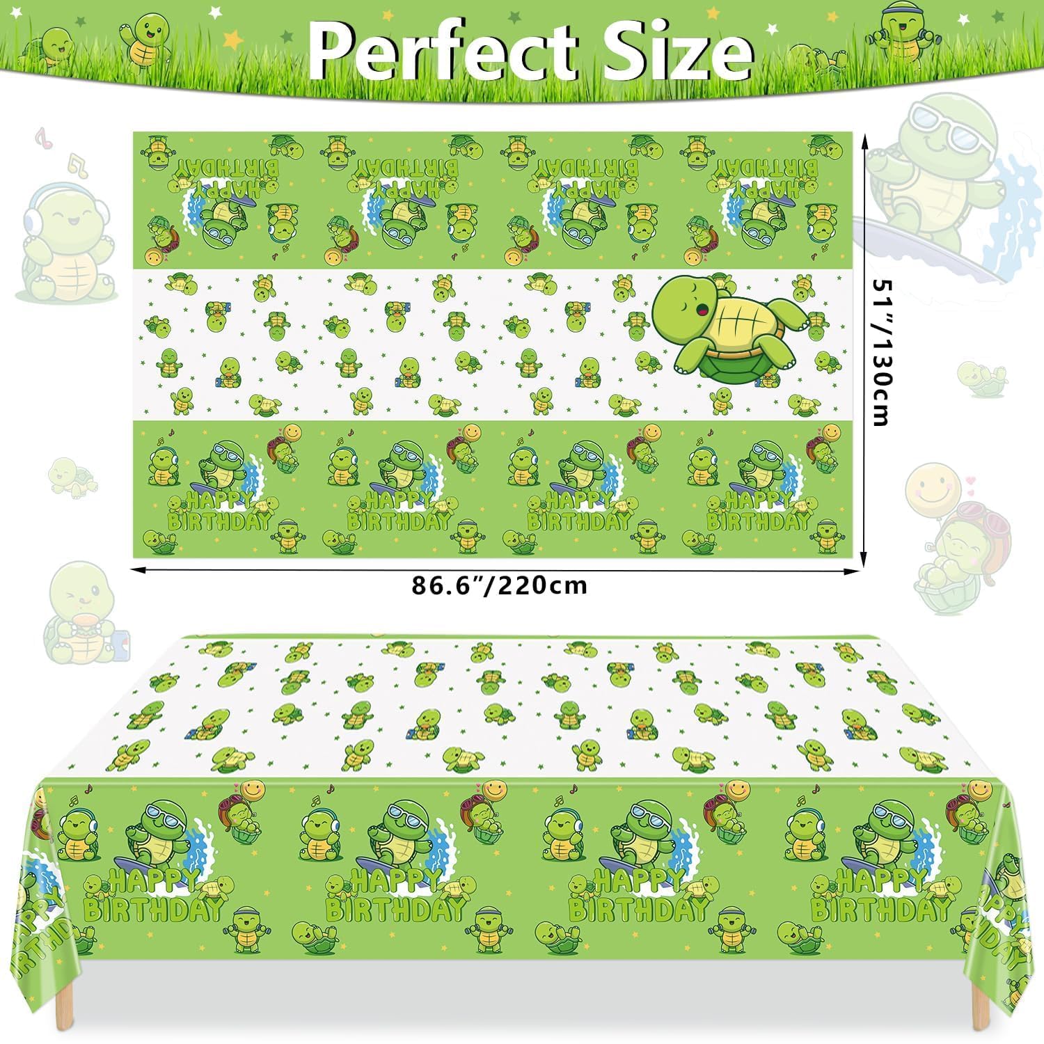PTECDROTS 4Pcs Turtle Tablecloth, Cute Turtle Party Table Covers, Rectangular Table Decoration for Under The Sea Party Decorations Turtle Birthday Party Decorations Supplies,51 x 86.6 Inch