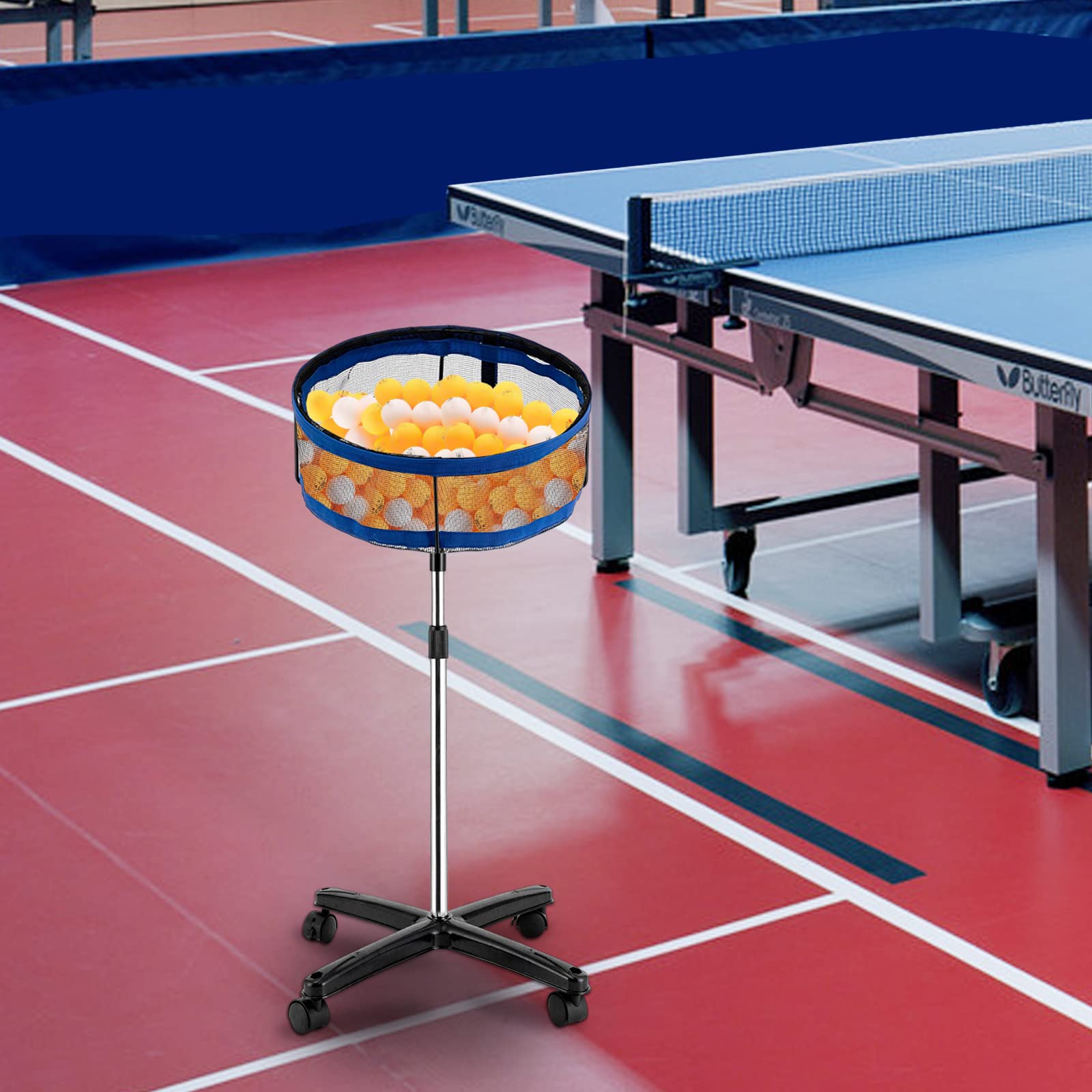 TBVECHI Multi-Ball Storage Stand Ping Pong Ball Collector Height Adjustable Stand for Training, High Capacity Stainless Steel Ball Basin Movable Ball Holder, with Mesh Case for Golf Ball Tennis