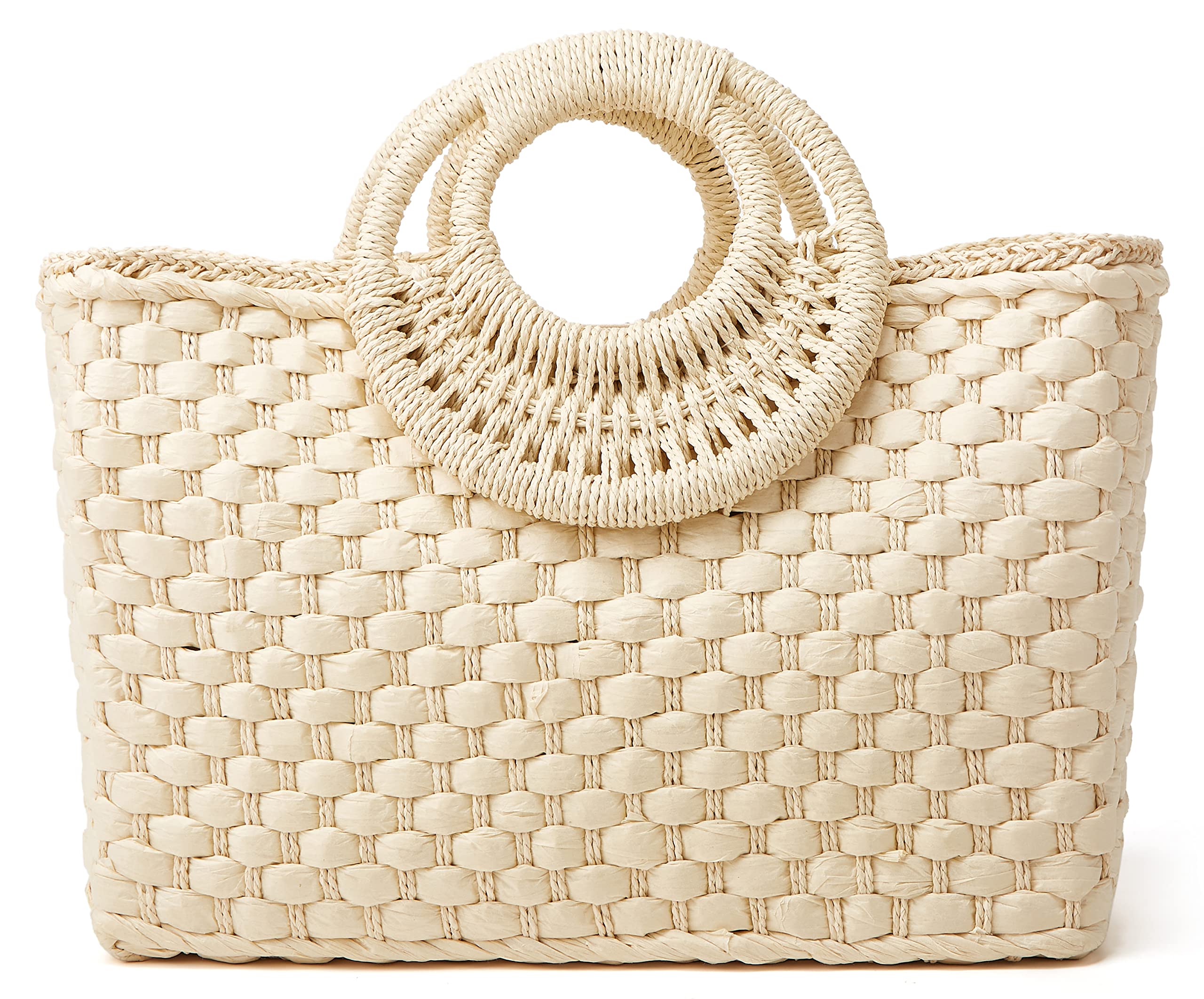 Women Straw Handbag, Large Capacity Woven Handmade Round Handle Hobo Bag, Casual Retro Vacation Beach Bag