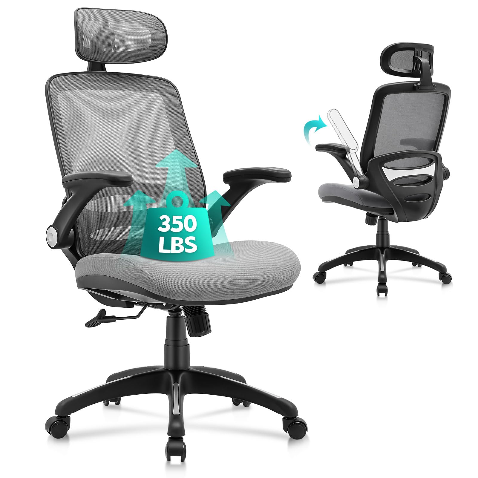 RYDESIGN Ergonomic Office Chair for Heavy People 350lbs,Mesh Office Chair with Flip-Up Arms and Thickened Cushion Desk Chair with Headrest Adjustable Height 135°Tilt Function for Home Office(Grey)