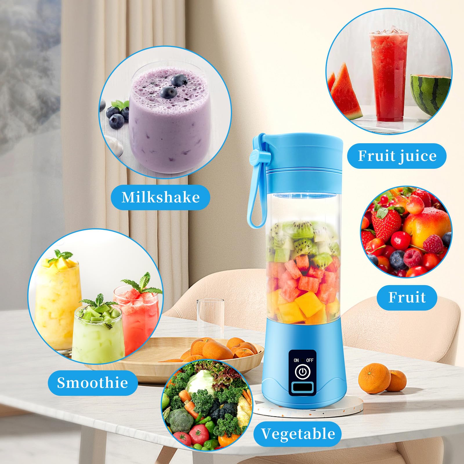 Portable Blender,Personal Blender for Shakes and Smoothies,Personal Size Blenders with USB Rechargeable Mini Fruit Juice Mixer, Mini Juicer Smoothie Blender Bottles Travel 380ML,Blue