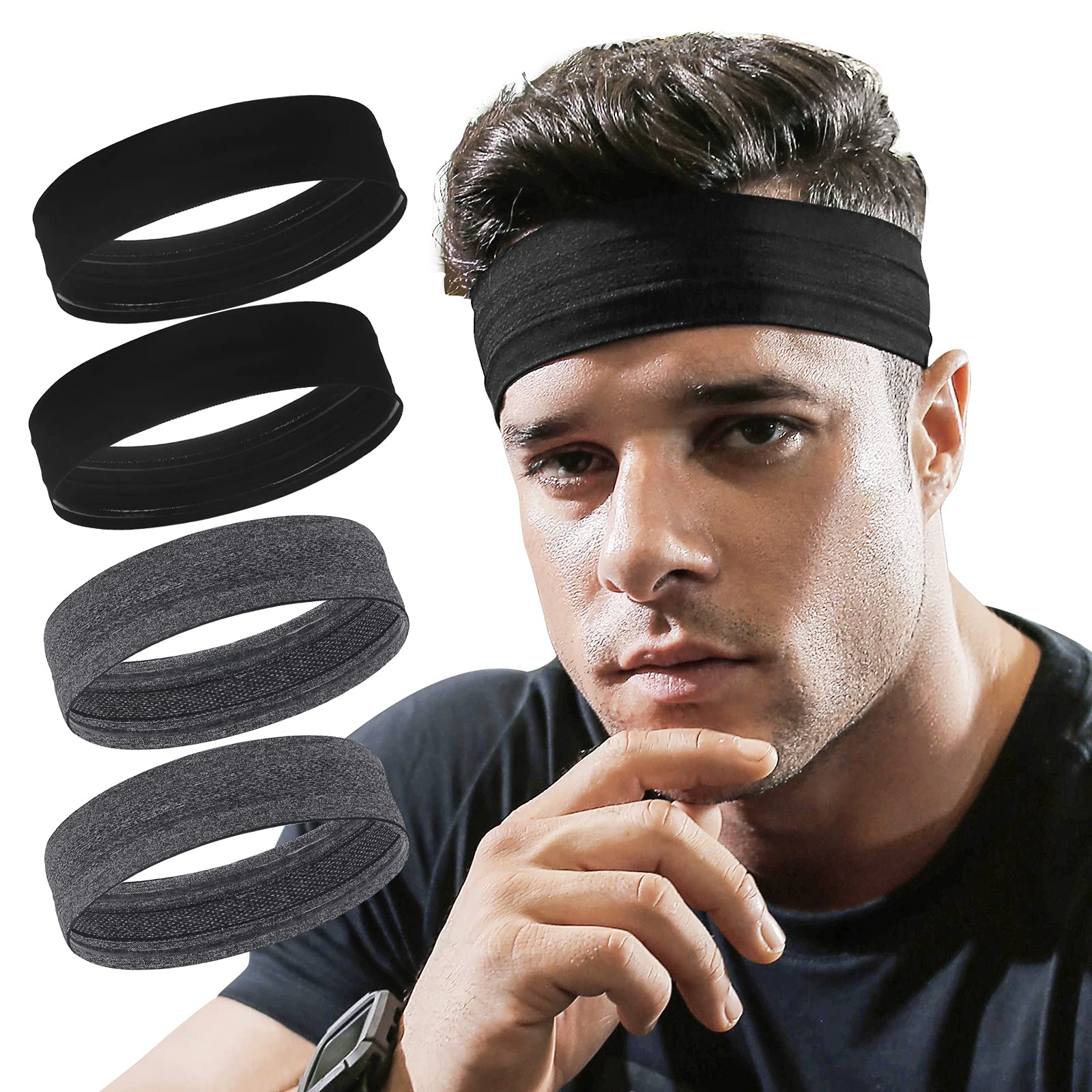Vsiopy 4 Pack Running Headband for Men Non Slip Workout Sweatbands Adjustable Sports Headbands Moisture Wicking Workout Headbands
