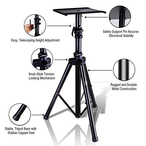 Pyle Dual Studio Monitor 2 Speaker Stand Mount Kit - Heavy Duty Tripod Pair and Height Adjustable from 34" to 53" W/Metal Platform Base - PSTND32, Black