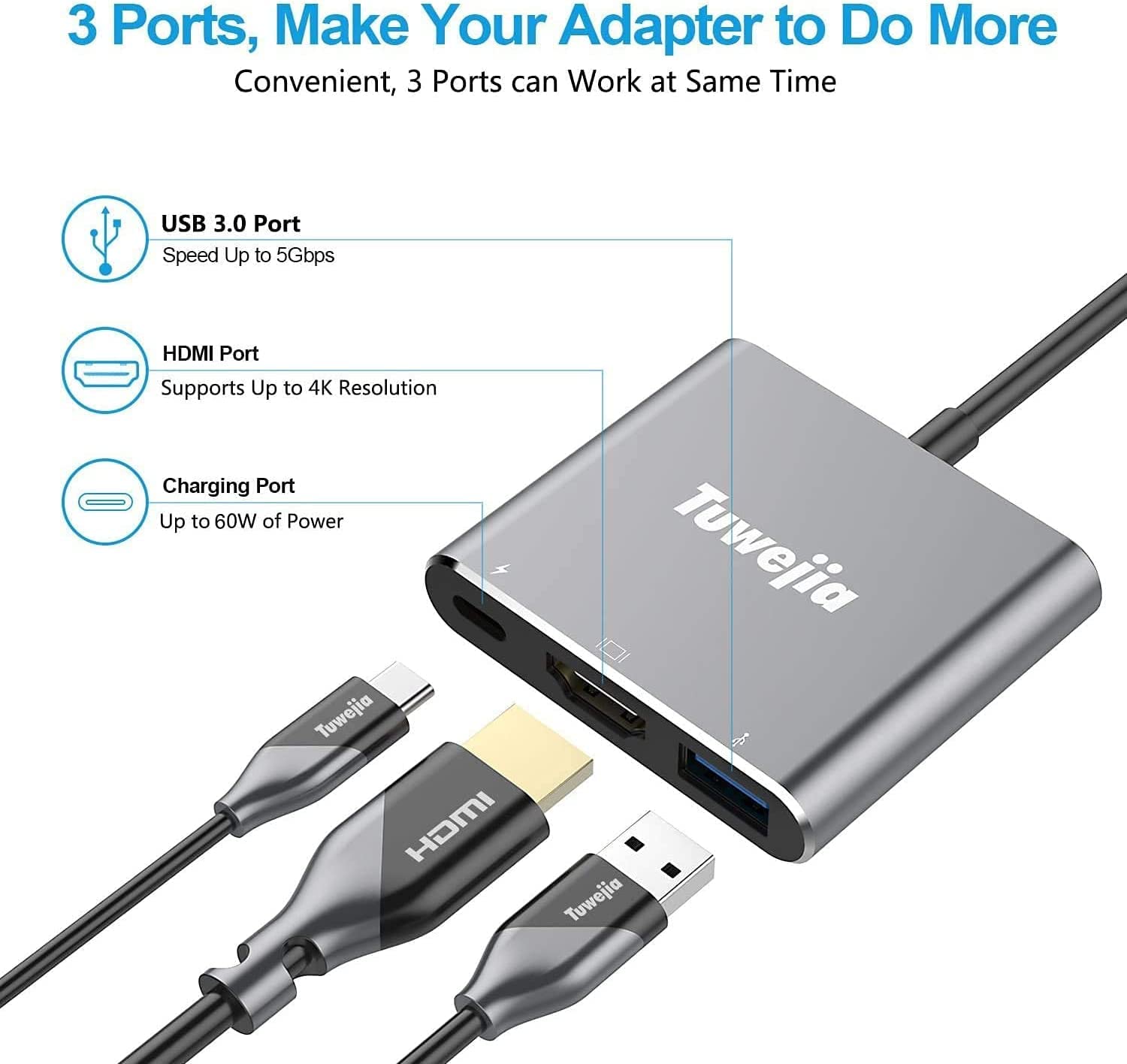 Tuwejia USB C to HDMI Multiport Adapter USB 3.1 Gen 1 Thumderbolt 3 to HDMI 4K Video Converter/USB 3.0 Hub PD Quick Charging Port with Large Projection
