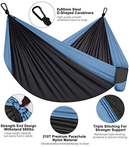 SANSUNTEK Hammock-Camping Hammock for Outdoors Travel Backpacking,Camping Gear-Double Hammock with Tree Straps(18+1 Loops)&Carabiners,Nylon Portable Hammock,2 Person Hammock for Tree & Hiking Gear