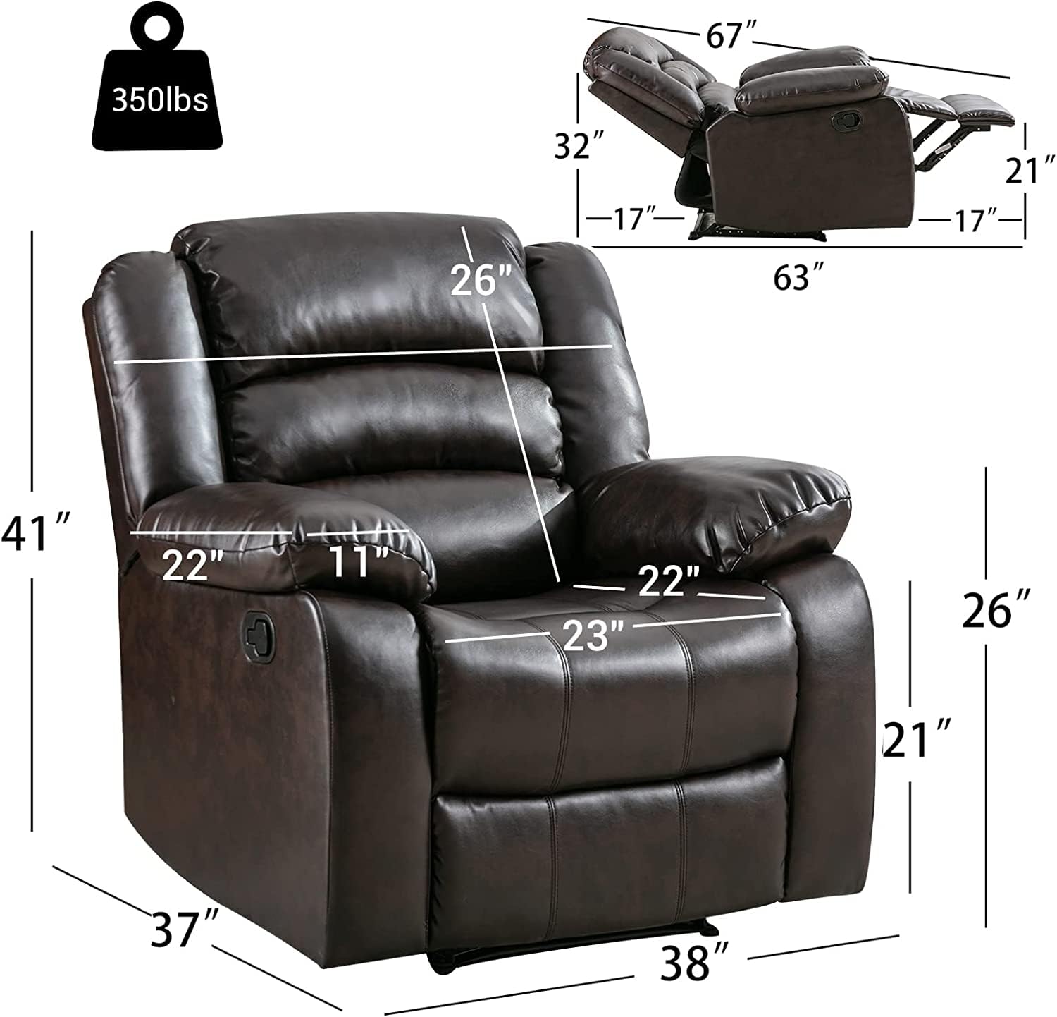 Phoenix Home PU Leather Manual Chair Recliner, Brown