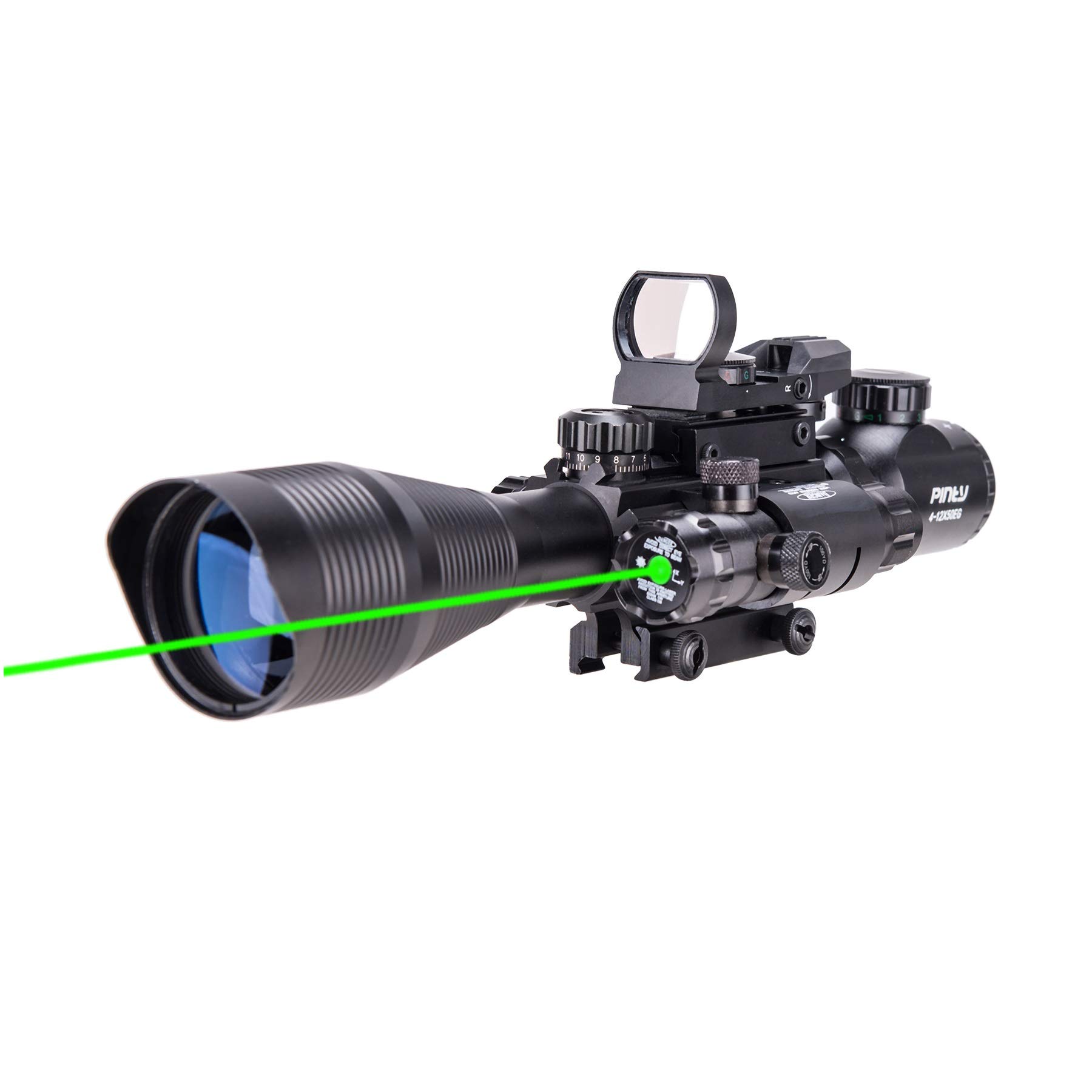 Pinty Rifle Scope 4-12x50 Rangefinder Illuminated Optics with 4 Reticle Red Green Reflex Sight, Green Dot Laser Sight, Black