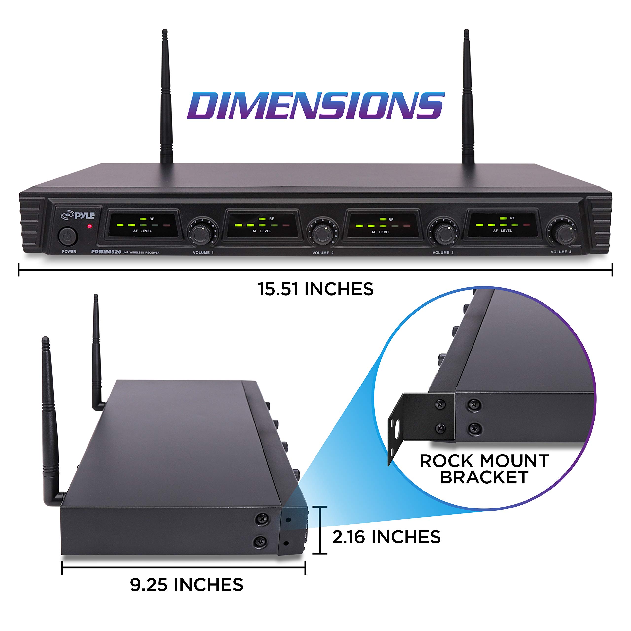 Pyle 4 Channel Wireless Microphone System-Portable UHF Audio Set with XLR Jack-4 Handheld Dynamic Mic, Receiver, Dual Antenna, Power Cable Adapter-for Karaoke, PA, DJ Party Pro PDWM4520
