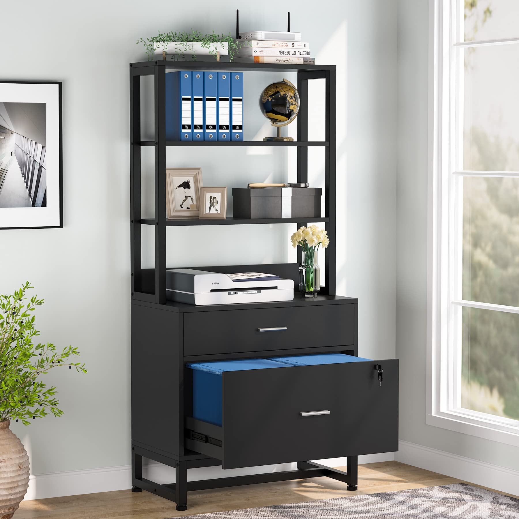 Tribesigns 2 Drawer Vertical File Cabinet with Lock & Bookshelf, Letter Size Large Modern Filing Cabinet Printer Stand with Open Storage Shelves for Home Office, Black