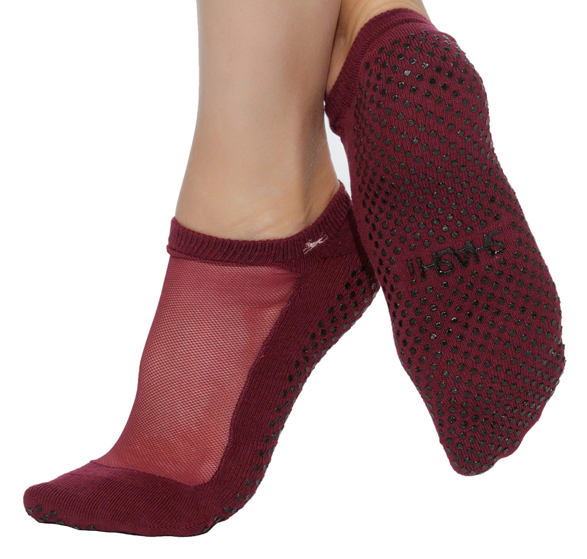 SHASHI Classic Mesh Socks - With Grip For Yoga - Non Slip - W/Storage Pouch Pilates Barre Workout Socks - For Women -Cabernet-Medium