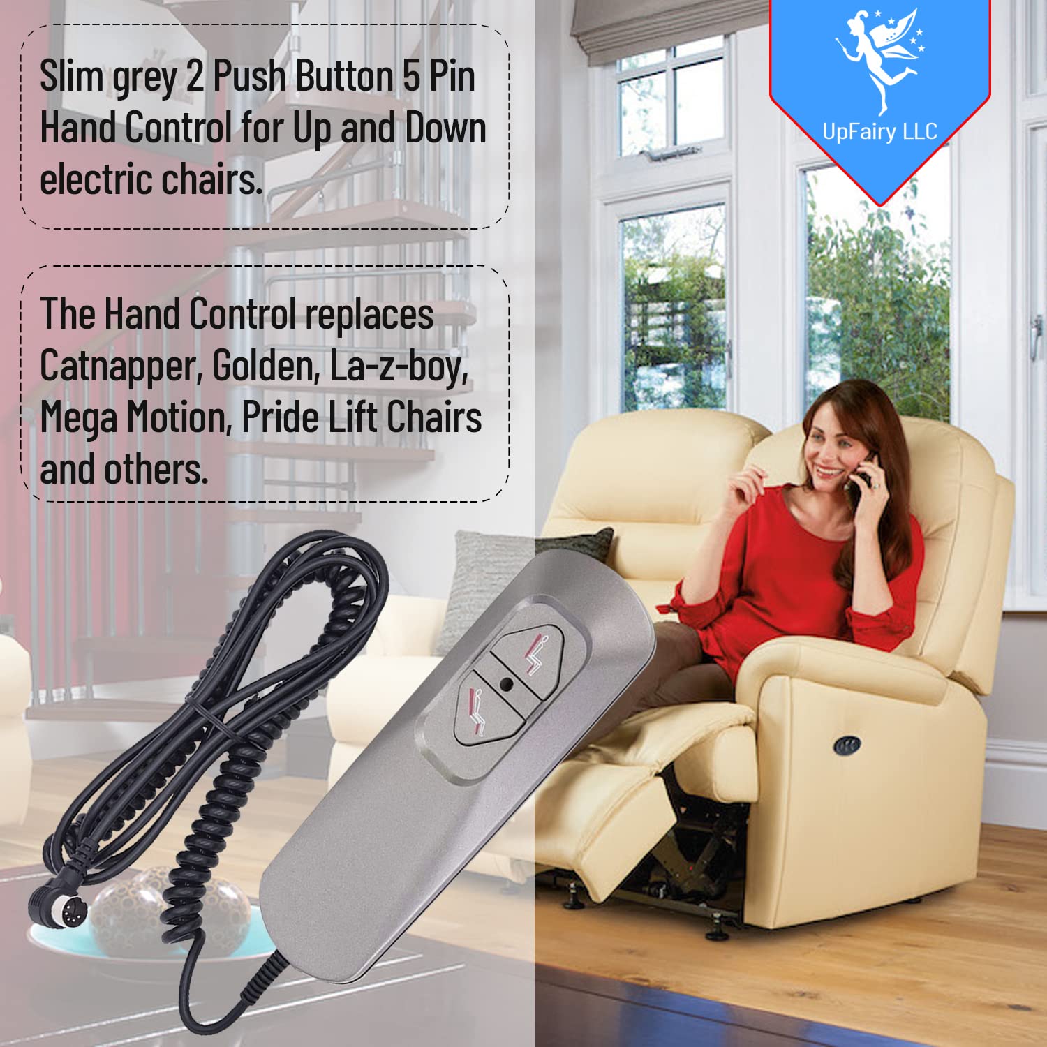 UpFairy Two Button Remote Control Replacement Handset 5 Pin Connector for Lift Chair Silver 1.8x6.1x0.8in