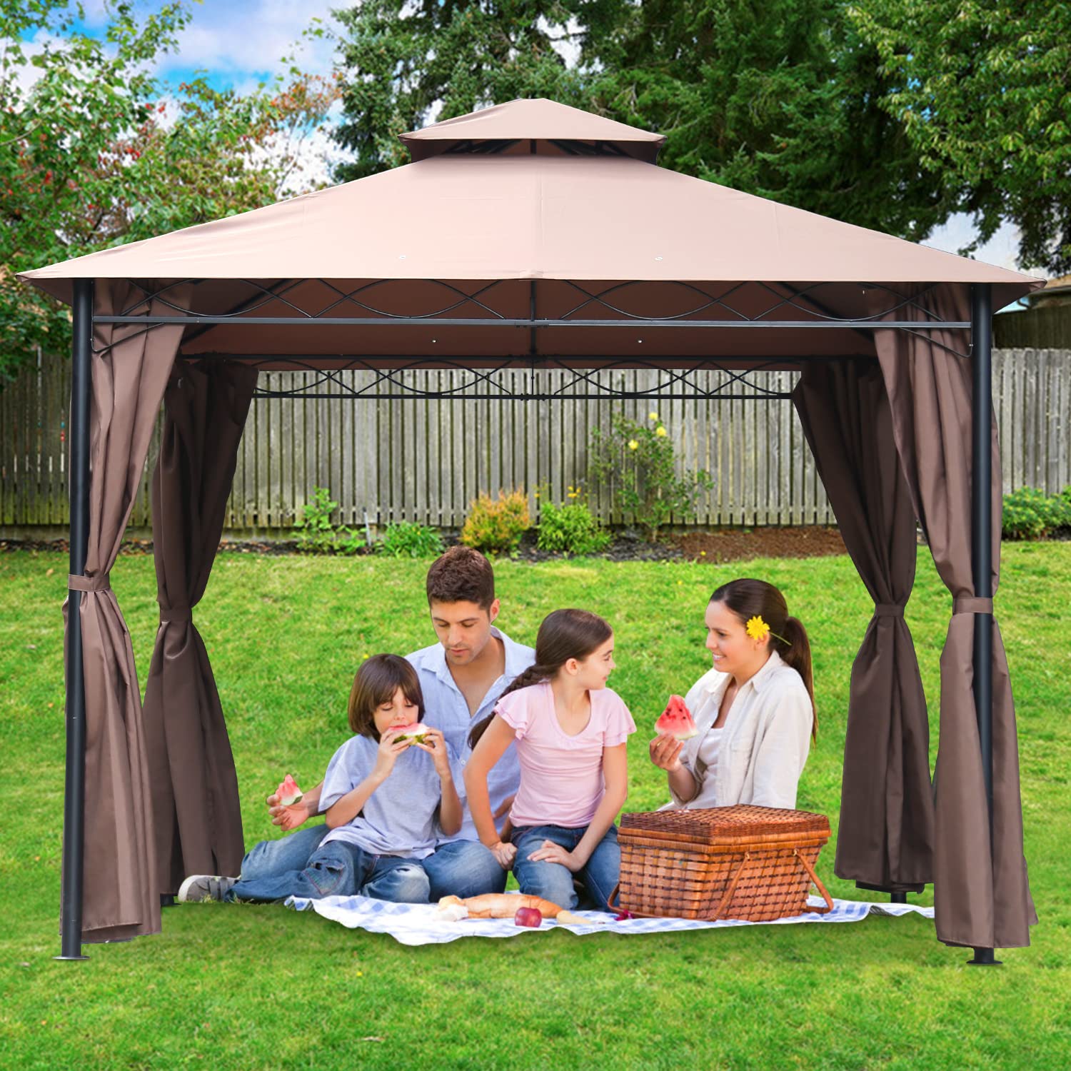 Outdoor Double Roof Hardtop 10' X 10'Gazebo for Patio Grill,Gazebo Large Garden Top Gazebo with Sidewall Party Tent with Curtains & Net(Brown)