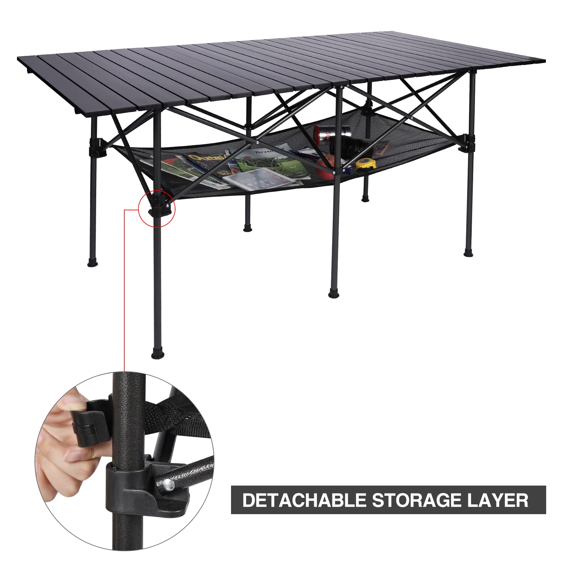 Stonehomy Aluminum Camping Table Roll Top with Mesh Storage 5 FT, Folding Lightweight Roll Up Table for Outdoor Camping Grill, Black, 60x31.5 Inch