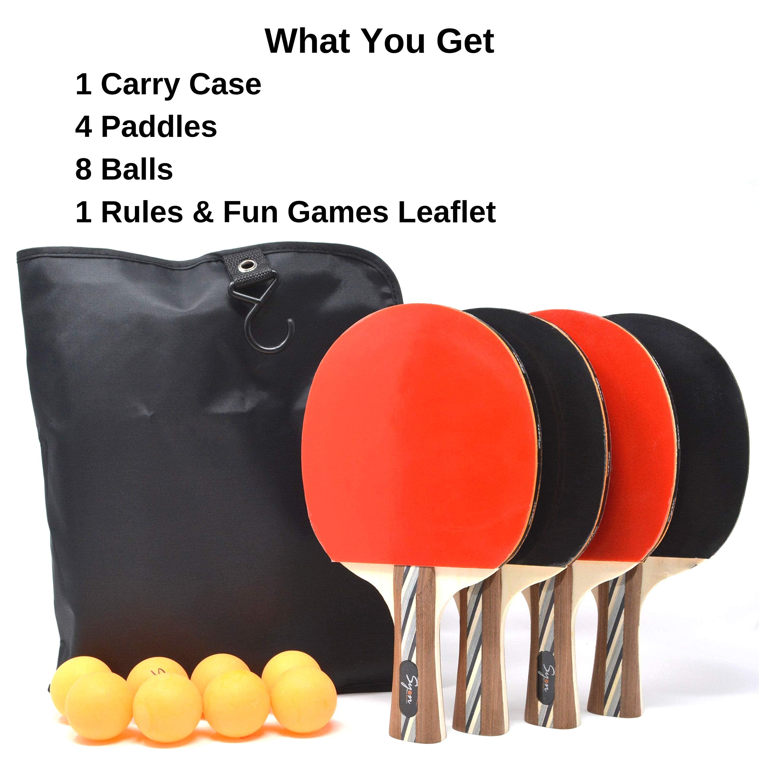 Ping Pong Paddles Set of 4- Innovative Carry Case with Hooks | 8 Balls | Pro 7 Ply Table Tennis Rackets with Accessories