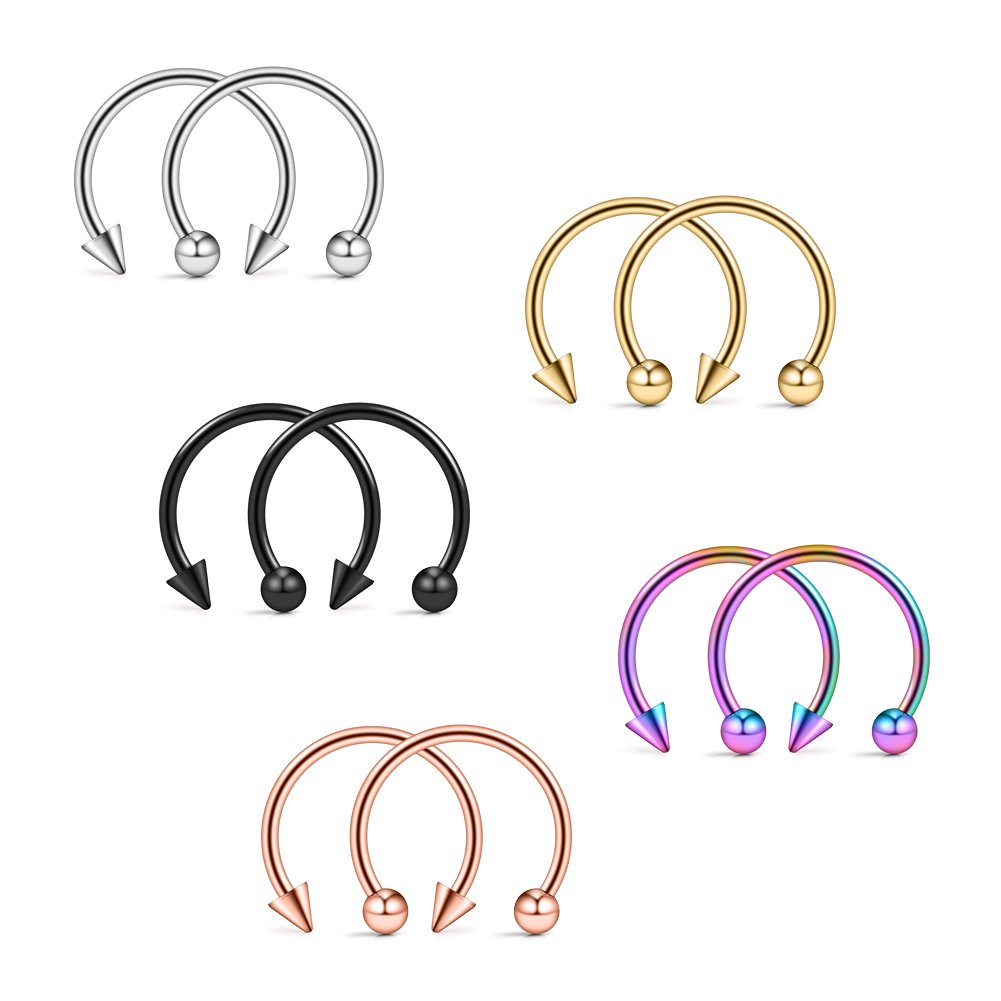 Ruifan 10PCS Assorted Colors Surgical Steel CBR Non-Piercing Fake Nose Septum Horseshoe Earring Eyebrow Tongue Lip Piercing Ring with 3mm Balls&Spikes 16G 10mm