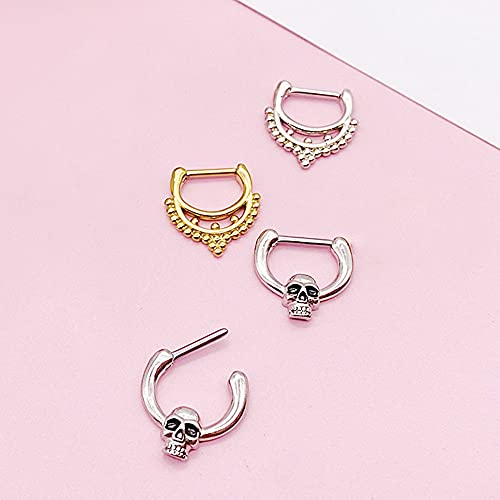 Vintage Skull 16G Stainless Steel Piercing Nose Ring Septum Hinged Segment Daith Small Hoop for Women Tiny Cartilage Conch Tragus Stud Earring 5mm Hypoallergenic Body Pierced Jewelry 1 PCS