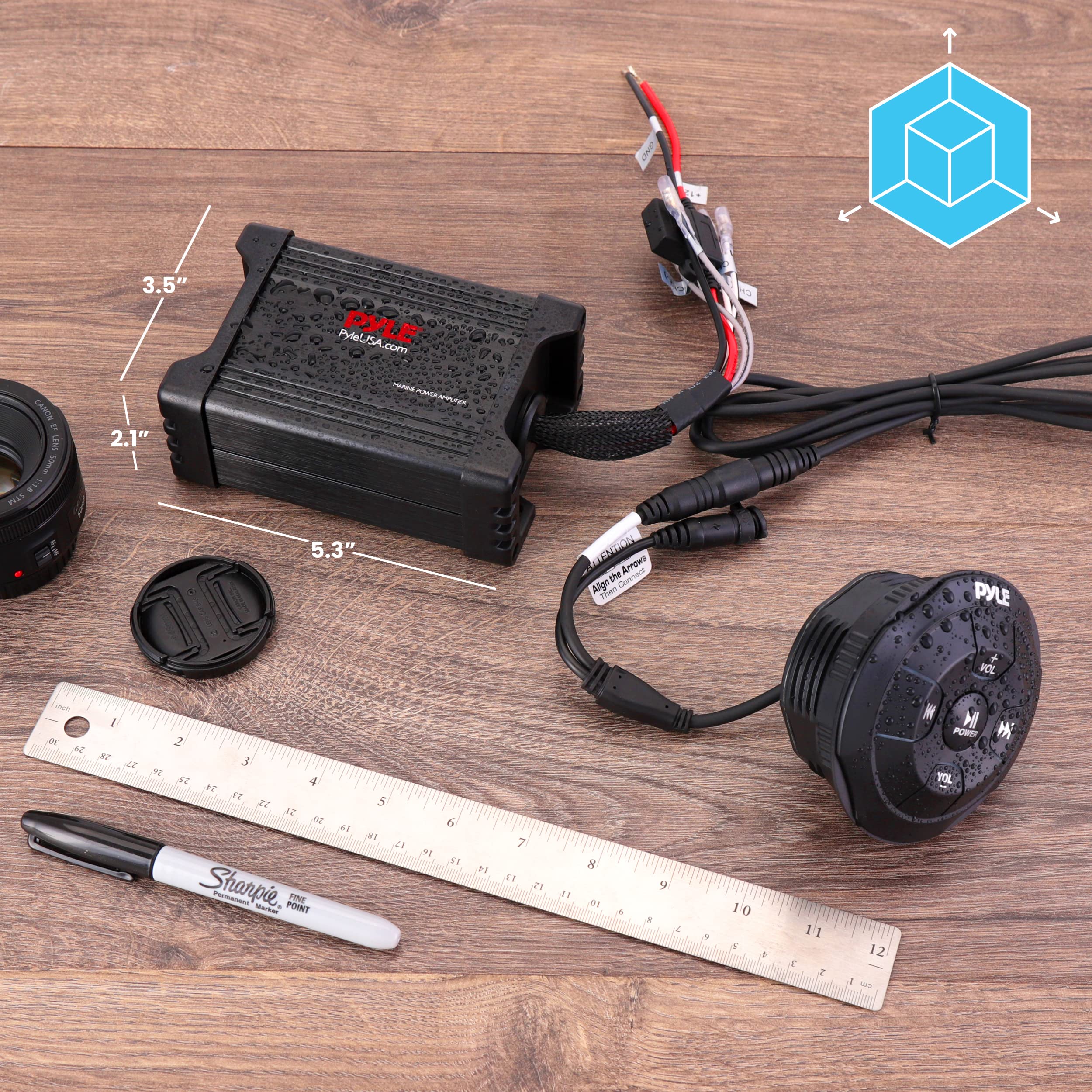 Pyle Waterproof Bluetooth Marine Amplifier Receiver - Weatherproof 2 Channel Wireless Amp for Stereo Speaker with 600 Watt Power, Wired RCA, AUX and MP3 Audio Input Cable - (Black)