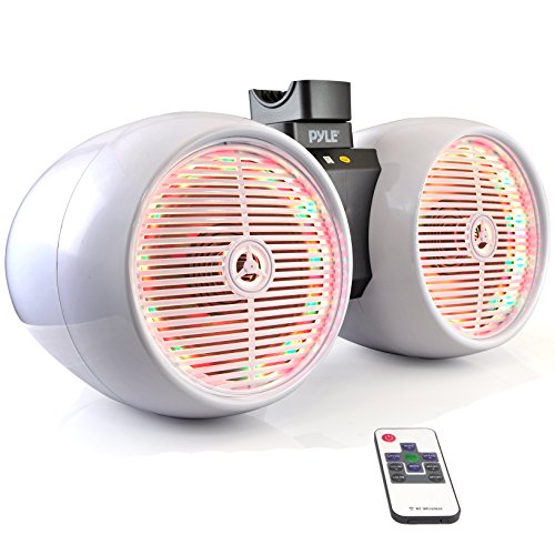 Pyle Waterproof Marine Wakeboard Tower Speakers - 6.5” Dual Subwoofer Set and 1.0” Tweeters, LED Lights and 400 Watt Power 2-Way Boat Audio System with Mounting Bracket - (White)