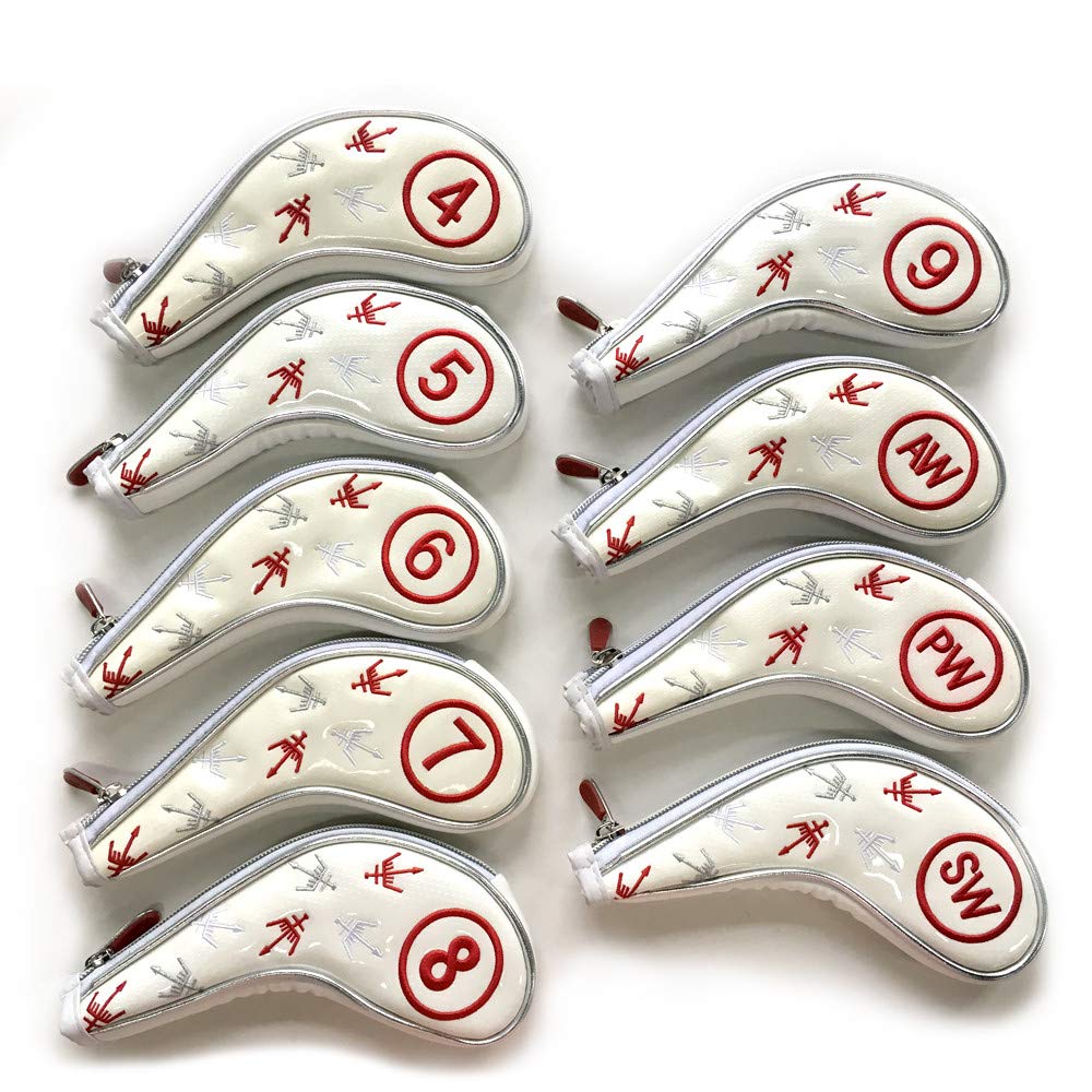 SUNBRO Golf 9pcs (4,5,6,7,8,9,A,P,S) Enamel Luxury Embroidery Greek Culture Poseido Trident Golf Iron Cover Headcovers Head Cover Set Suitable for Right & Left Handed Zipper Closure (WhiteRed)
