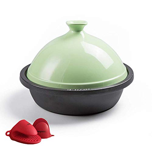 ZYF Casserole Dish Cast Iron Tagine with Ceramic Dome, Tajine Cooking Pot for Different Cooking Styles with Silicone Gloves - Compatible with All Stoves (Color : Green)