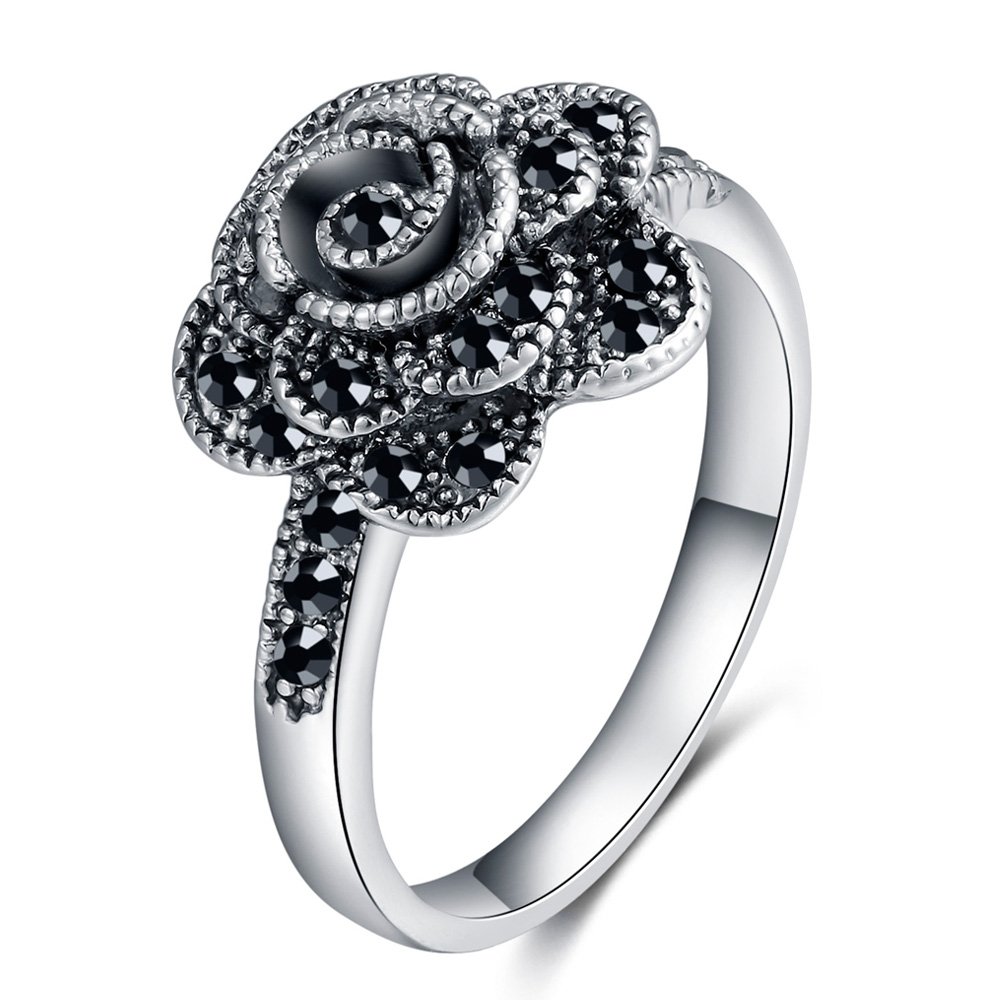 Shefashion Vintage Silver Rose Flower Rings Black Marcasite Jewelry Band Rings for Women Girls Size 9