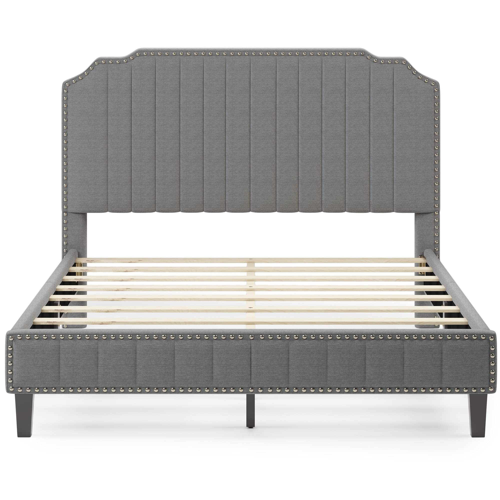 Tmosi Queen Size Upholstered Platform Bed Frames with Headboard, Modern Linen Curved Bedroom Furniture with Wood Slat Support, No Box Spring Needed (Grey)