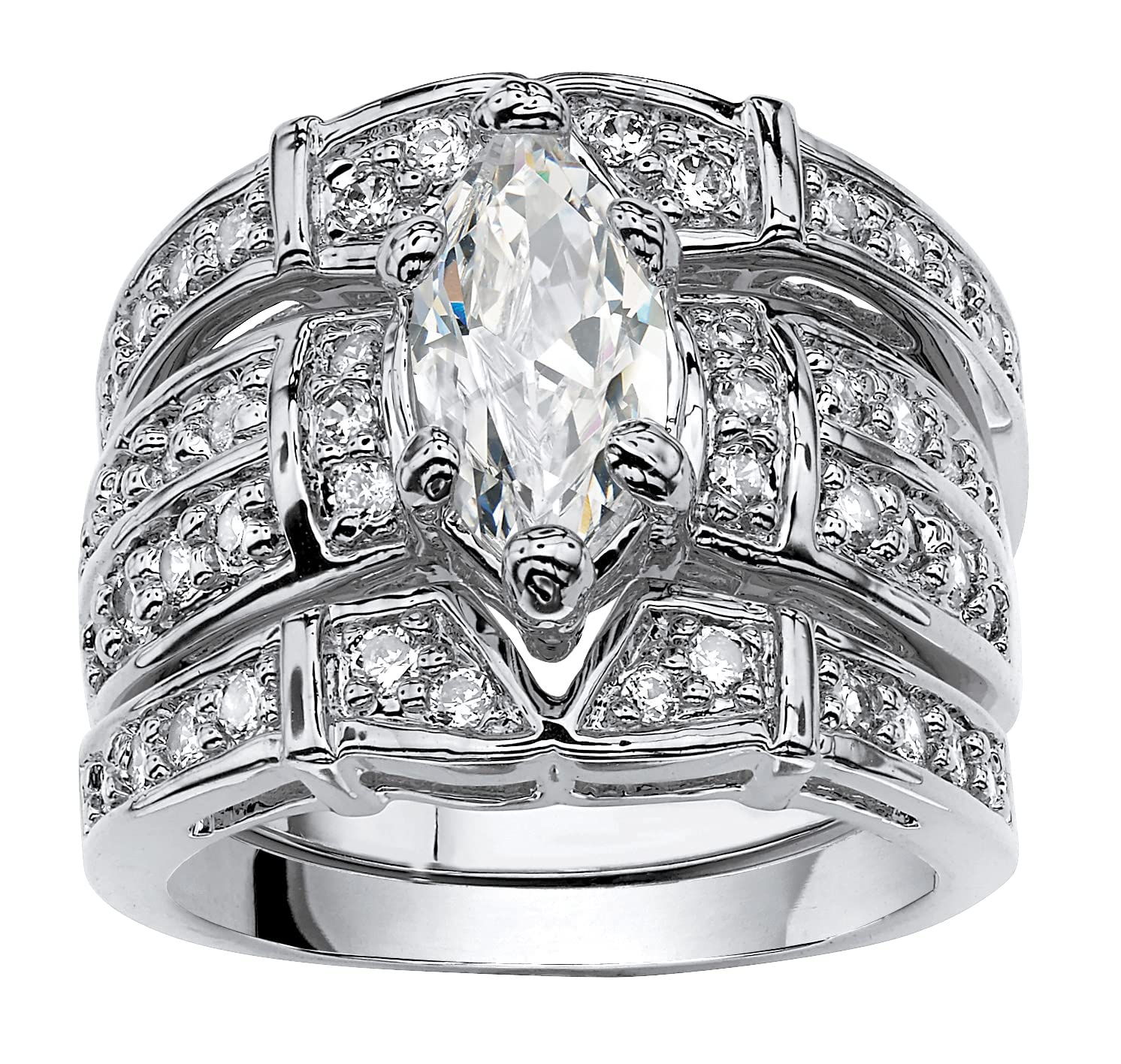 PalmBeach Jewelry Yellow Gold-Plated or Silvertone Marquise Cut Cubic Zirconia Bridal Ring Set Size 7