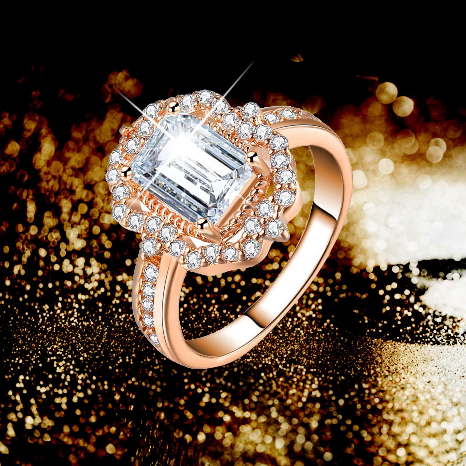 Women's Bling Simulated Diamond Ring Engagement Wedding Ring Fashion Zircon Statement Band Vintage Rings (Rose Gold, 8)