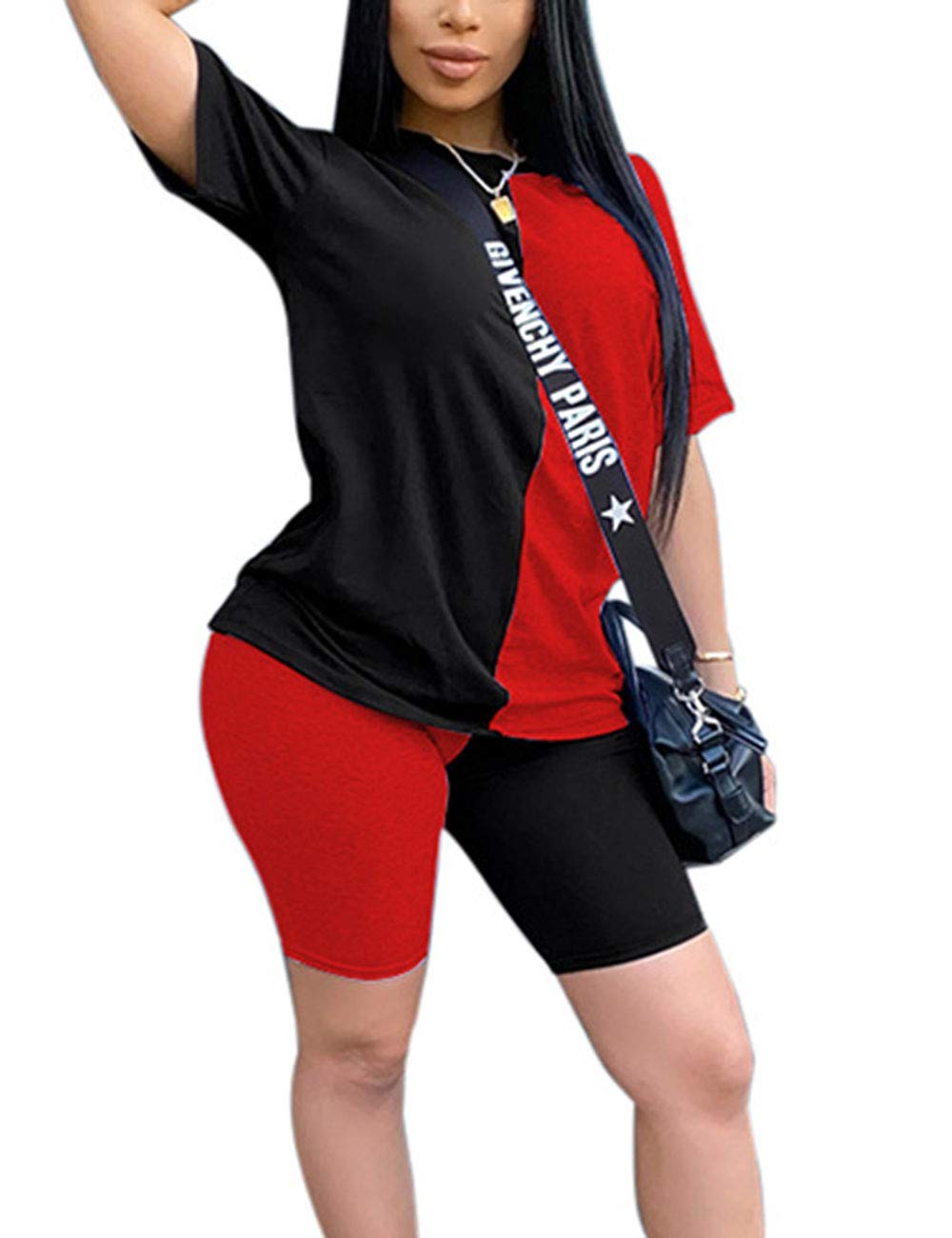Two Piece Short Set for Women, Casual Color Block Short Sleeve Tops Biker Shorts Track Suits Sets Black&Red XL