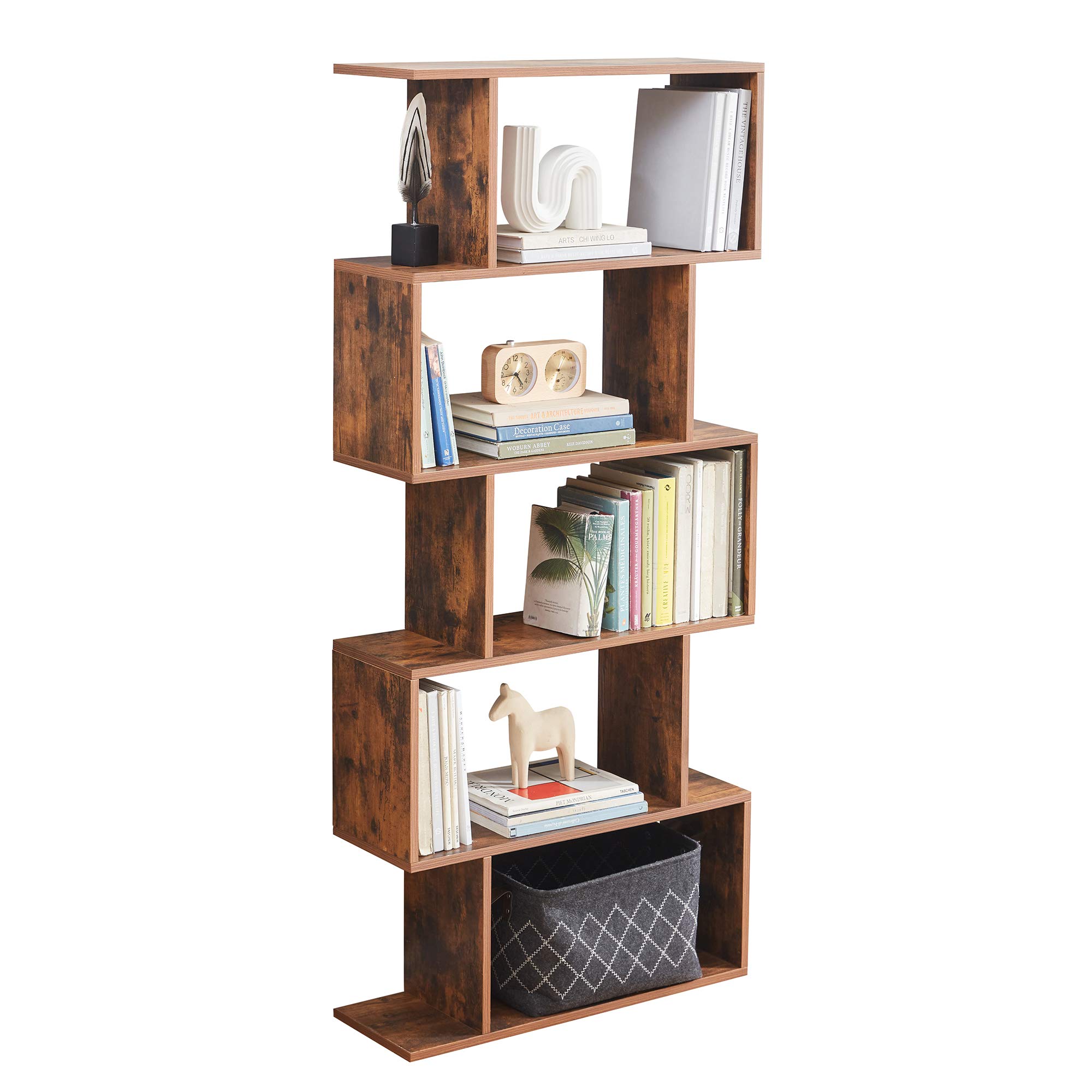Sunon 5-Tier Bookshelf Free Standing Wood Bookcase, S-Shaped 5 Shelves Book Case for Home Office (Rustic Brown)