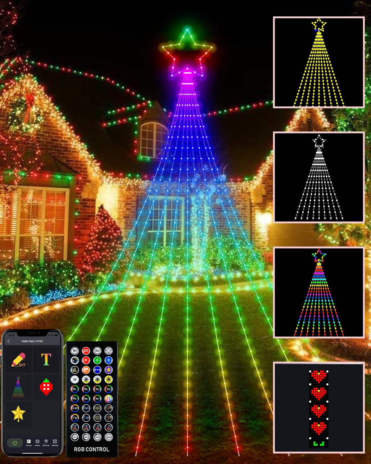 Outdoor Yard Tree Decorations Lights, Smart DIY Custom Display 11.8Ft 64 Modes Yard Waterfall Christmas Tree String Lights App Control 344LED RGB Color Changing Music Timer for Xmas Outside
