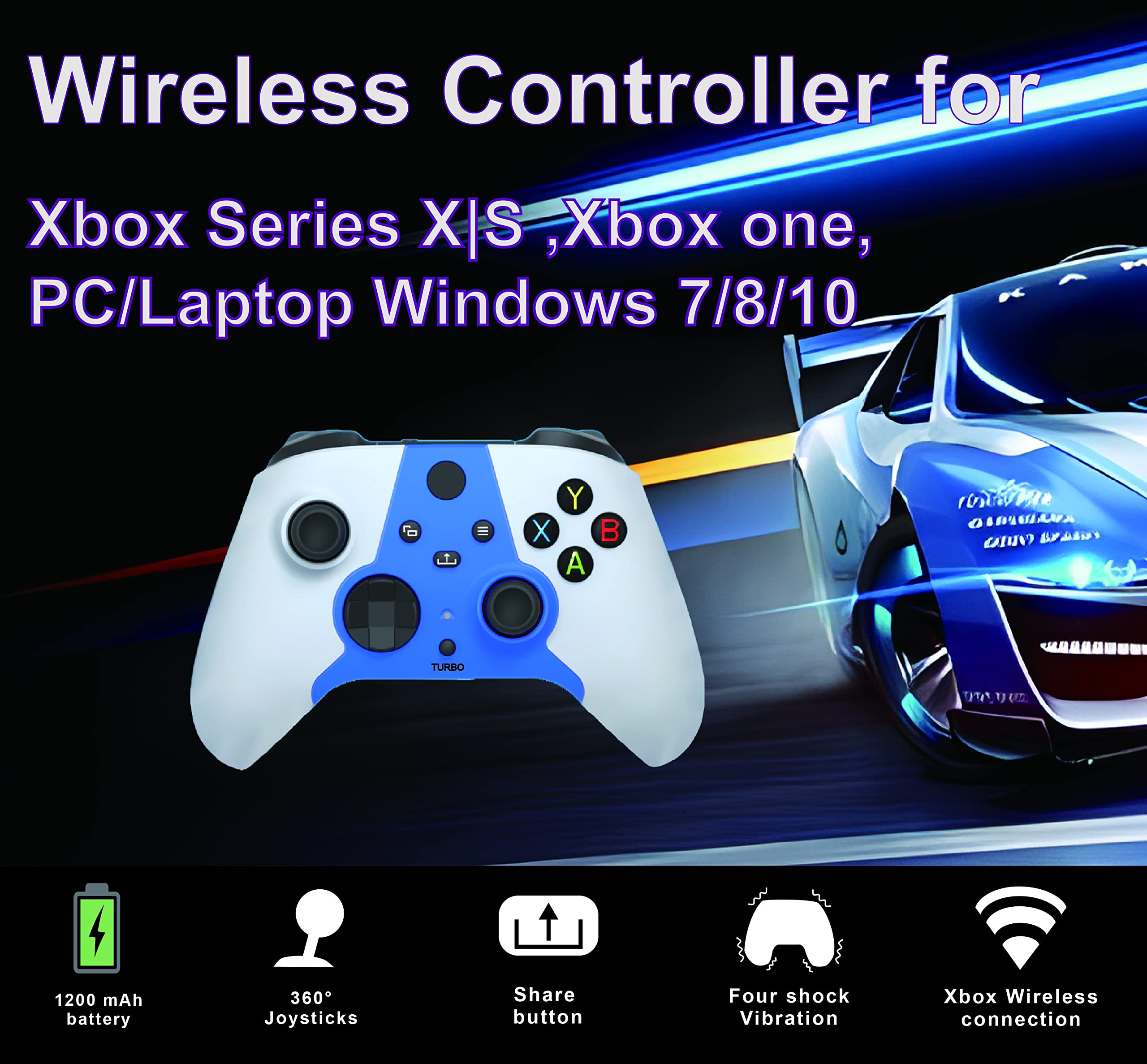 VISIONHMD Wireless Game Controller For Xbox Series X|S With Turbo Button, 4 Vibration Motors and A Stereo Audio Jack,Compatible with Xbox One,PC/Laptop Windows 10-Blue