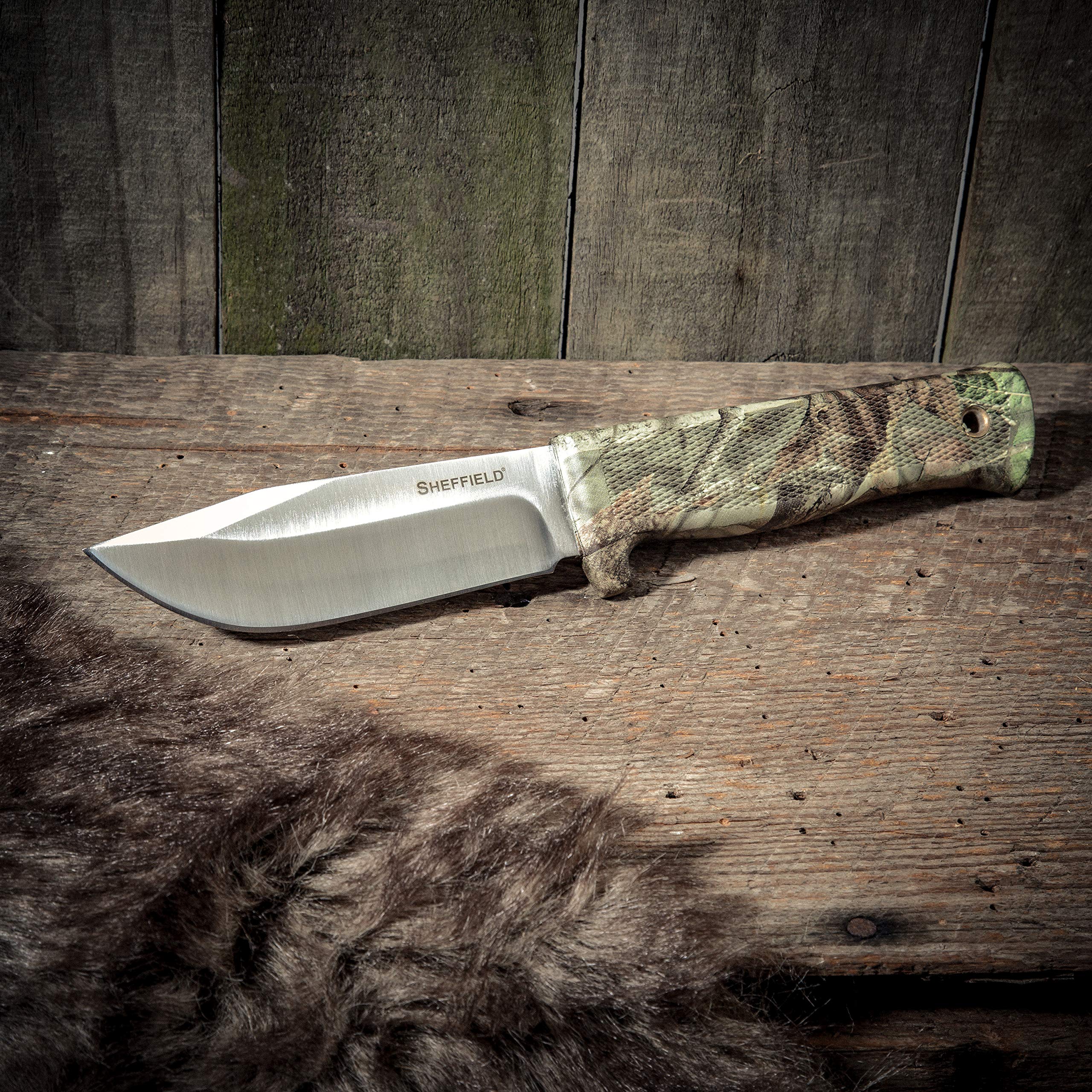 Sheffield 12185 Bax Camo Fixed Blade Hunting Knife with 4.5 Drop Point Blade, Full Tang, Camouflage Slip-Resistant Handle, For Skinning Game, Camping, Defense, & More