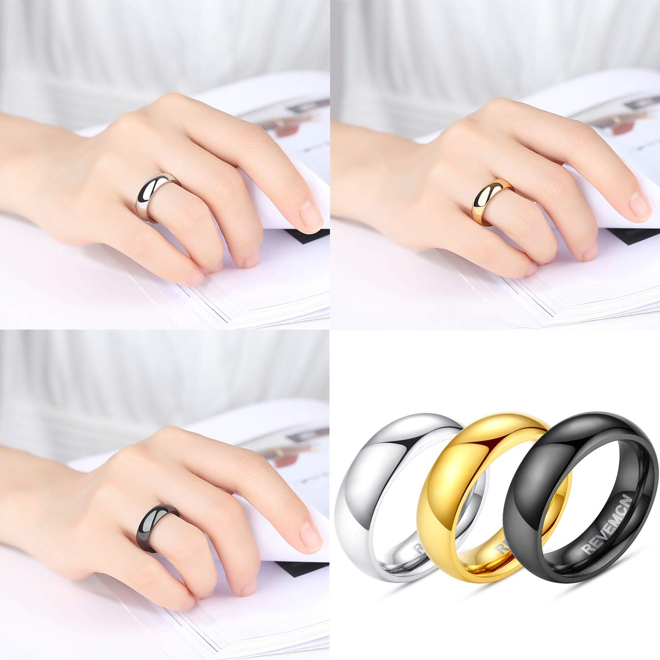 REVEMCN 2mm 3mm 4mm 5mm 6mm Stainless Steel Polished Finish Wedding Band Ring for Men Women 3 Color a Set (6mm, 11)
