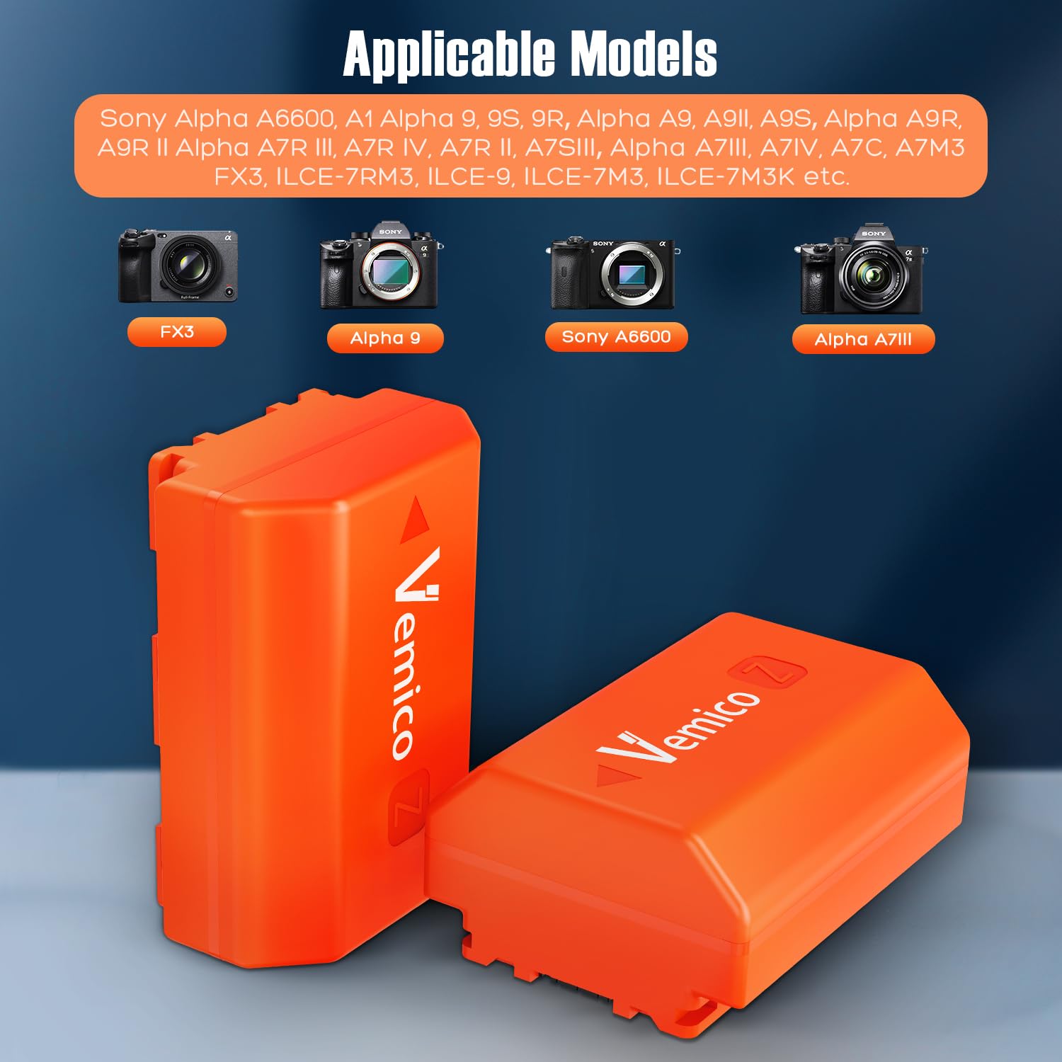 Vemico NP-FZ100 Battery Charger Set Z-Series 2 X 2280mAh Replacement Batteries with LCD Type-C Charger for Alpha A6600/A7III/A7R III/FX3/A1/A7 RIII/A7S III/A7C/A9/A9S/A9R/A7IV/A7R4 etc.
