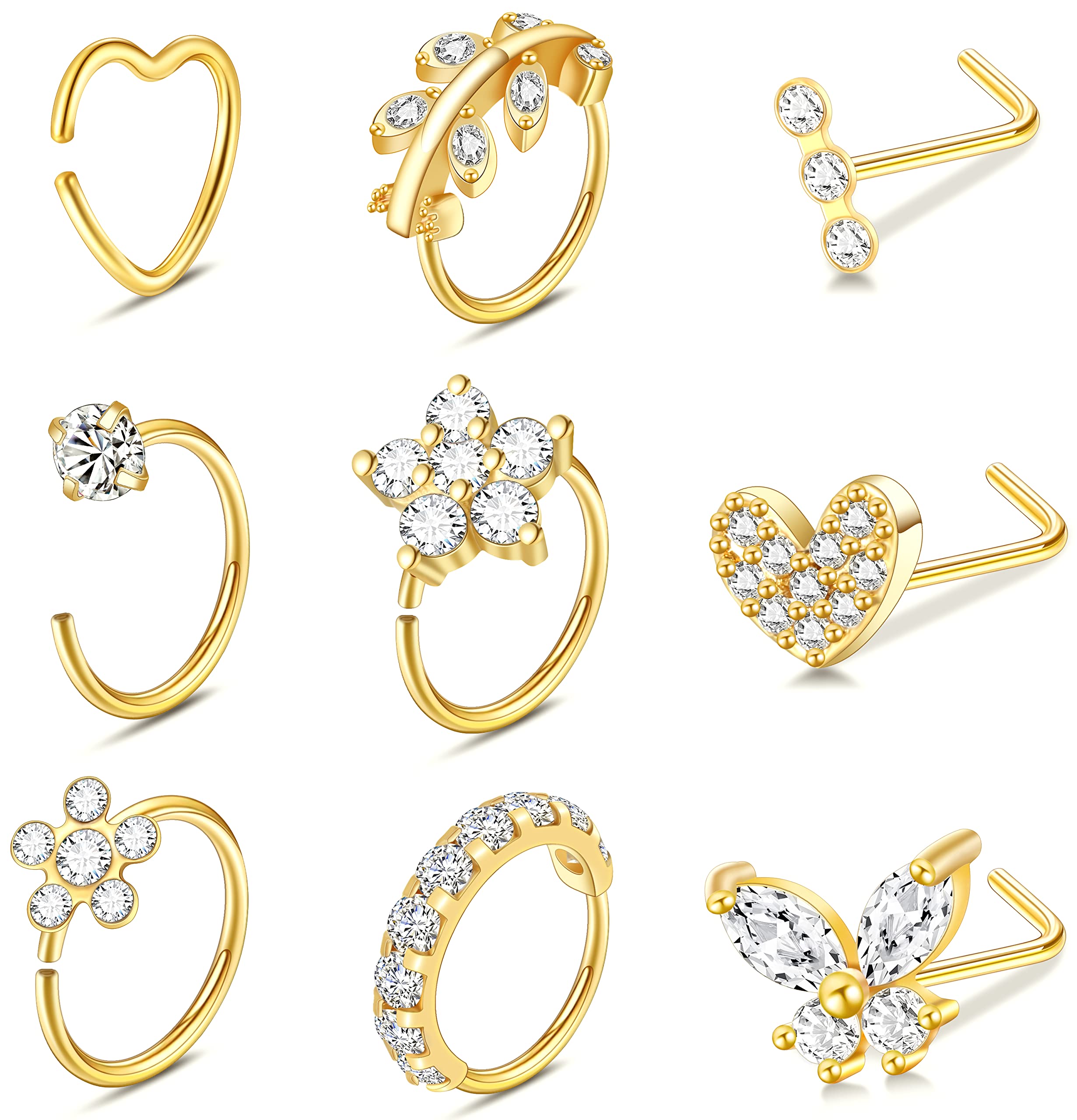 Zankulas Nose Piercings Jewelry Studs Flower Nose Ring L Shaped with Heart Butterfly Elements 20G Gold, Green