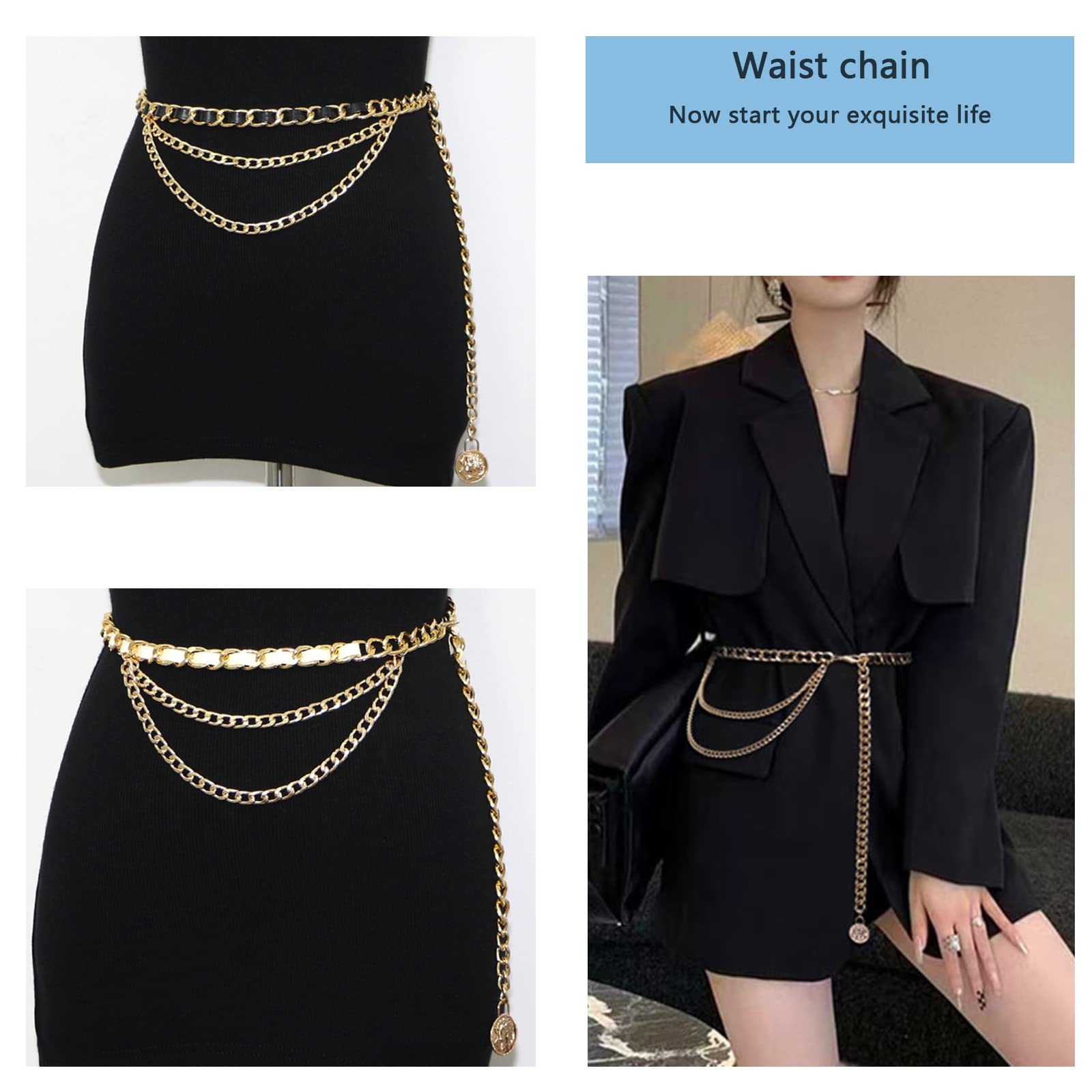 Women's Chain Belts Leather Multilayer Metal waist chains Adjustable Link Belts Body Chain Plus Size for Ladies Dress Jeans, 01black, 105cm