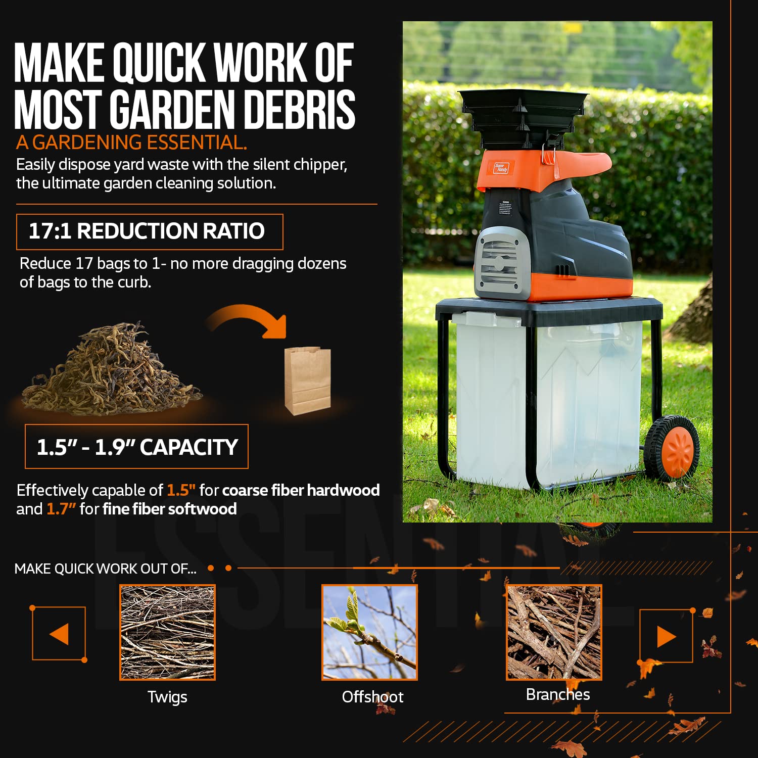 SuperHandy Wood Chipper Silent Ultra Quiet Electric 14.5-Amp 1800Watt 120VAC 1.5-1.7 Inch Max Capacity 17:1 Reduction 40L Collection Bin for Fire Prevention and Firebreaks