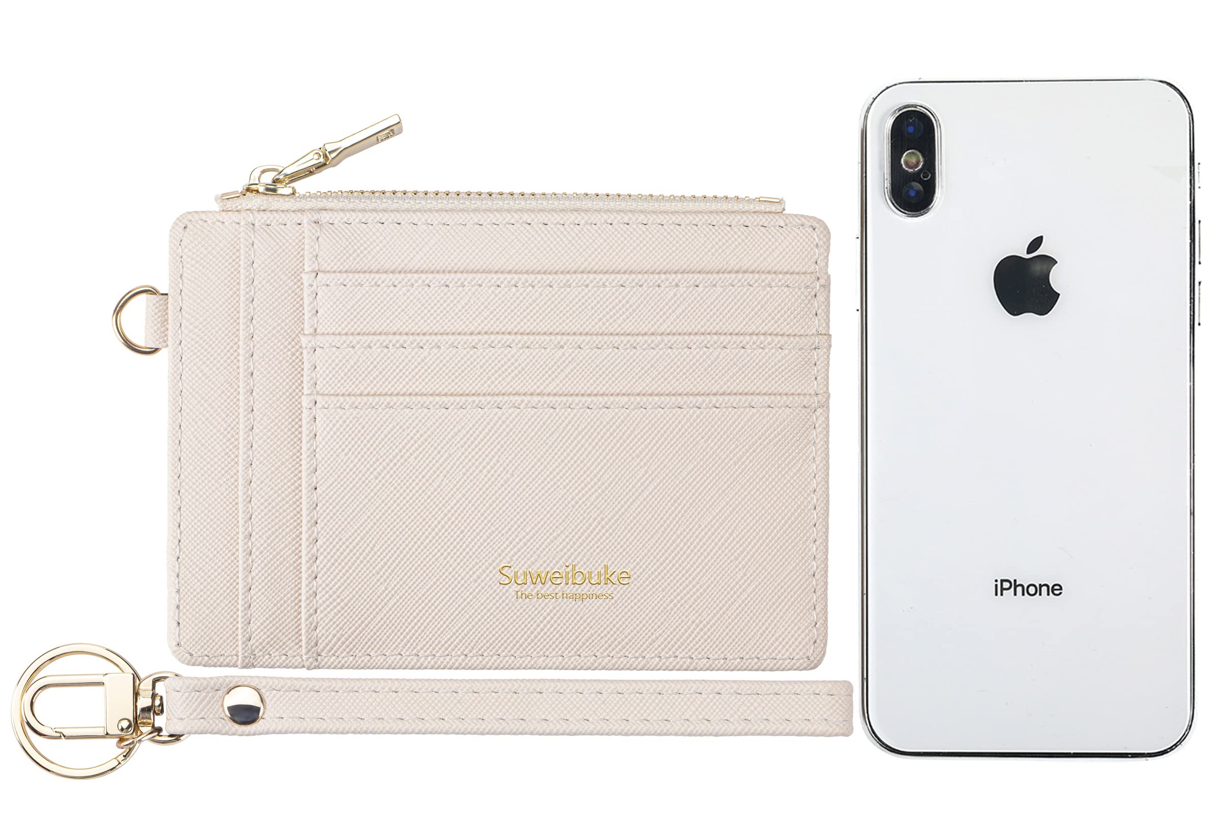 Wikavanli Women Slim Rfid Blocking Credit Card Case Holder Wristlet Zip ID Case Wallet Small Compact Leather Wallet Coin Purse with Keychain (Beige)