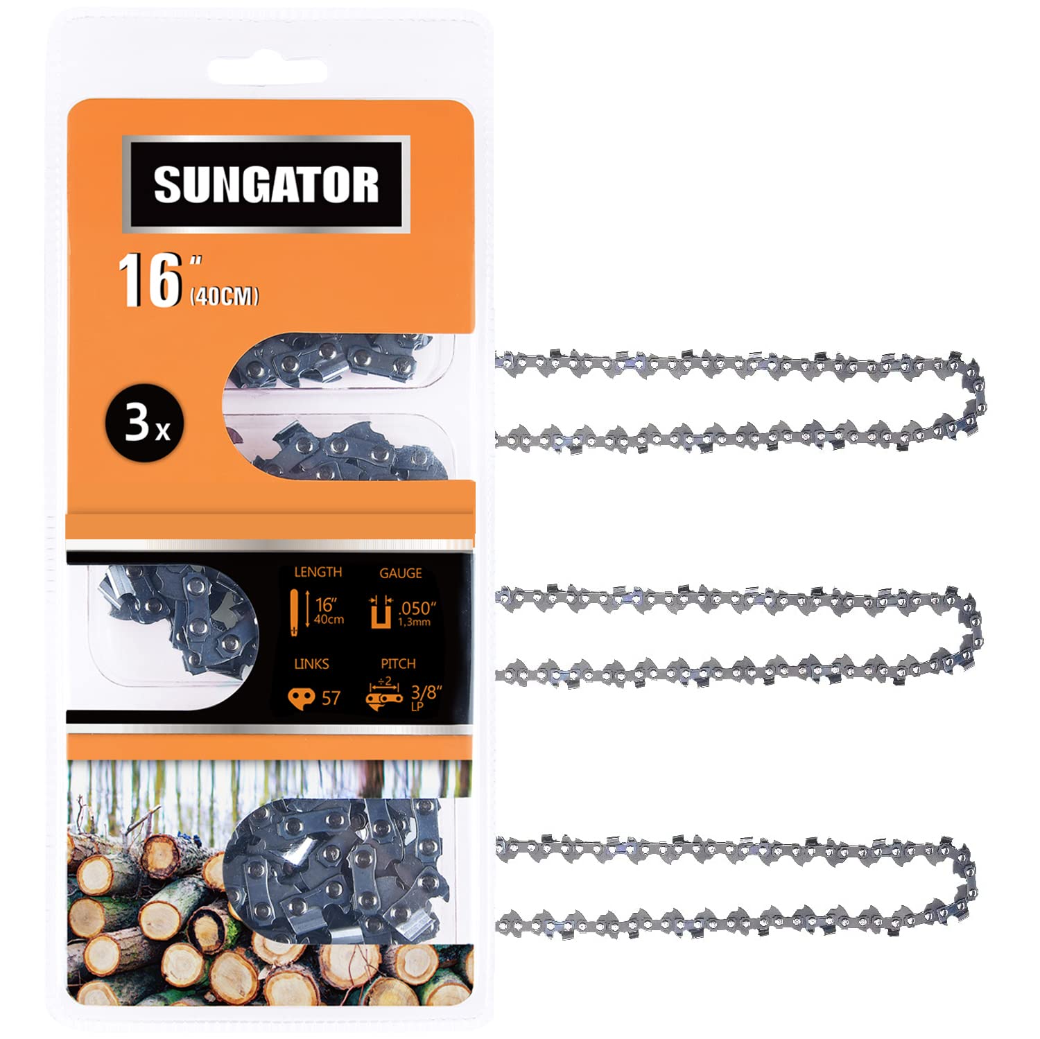 SUNGATOR 3-Pack 16-Inch Chainsaw Chain SG-S57, 3/8" LP Pitch - .050" Gauge - 57 Drive Links Compatible with Echo, Shindaiwa, Worx, Echo