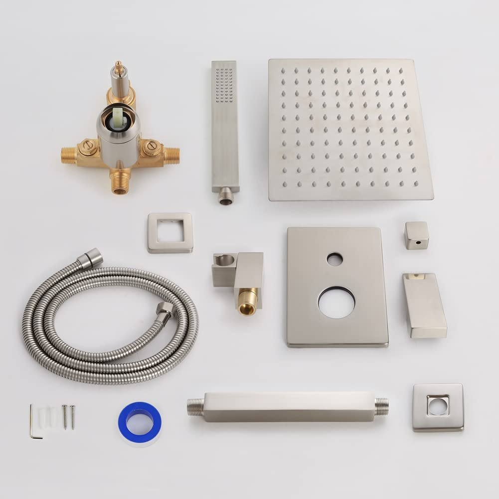 POP SANITARYWARE Ceiling Mount Shower Faucet Set Brushed Nickel Bathroom Luxury Rain Mixer 12 Inch Shower Head System with Handheld Single Handle Shower Trim Kit with Valve