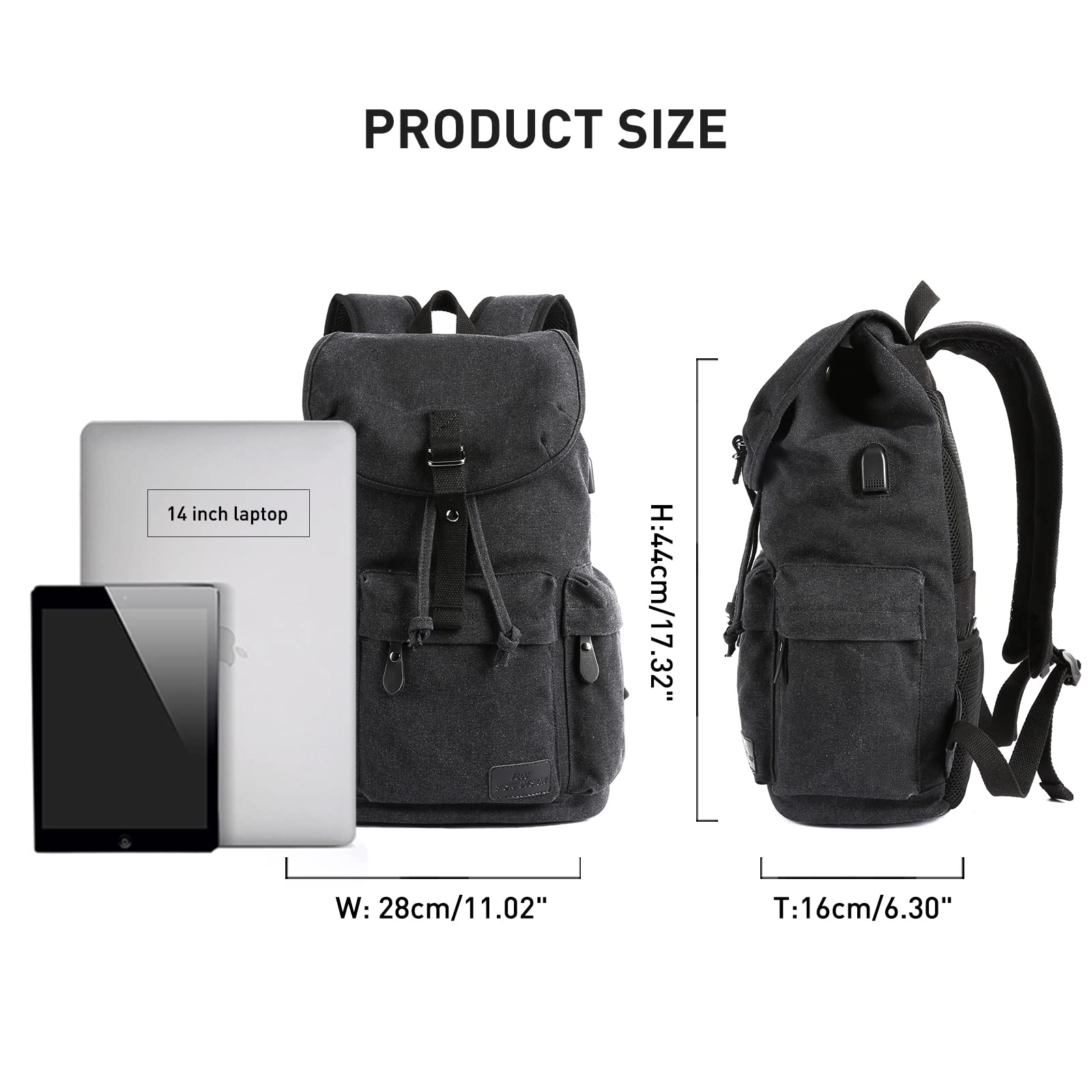 SYCNB Canvas Vintage Backpack for Men Women,Travel Laptop Backpack with USB Charging Port,Rucksack Fits 15.6 Inch Laptop