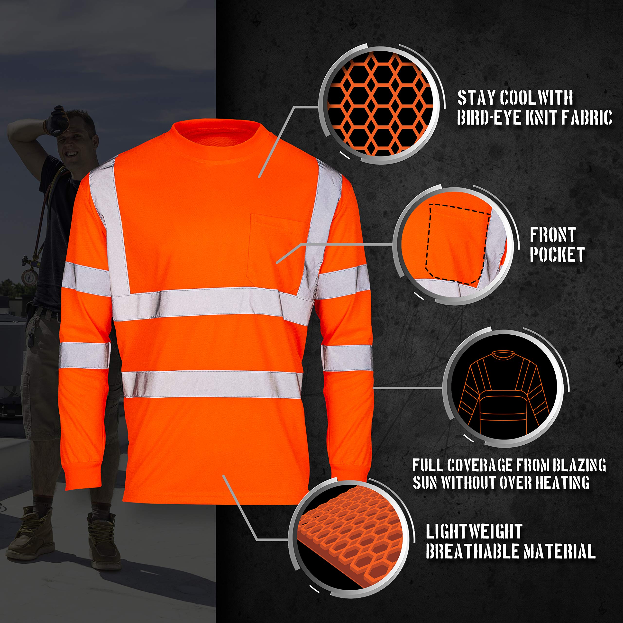 SuNi Apparel High Visibility Shirts for Men - Long Sleeve Construction Hi Vis Reflective Safety Shirts for Men Yellow Orange (L, Orange (3pk))