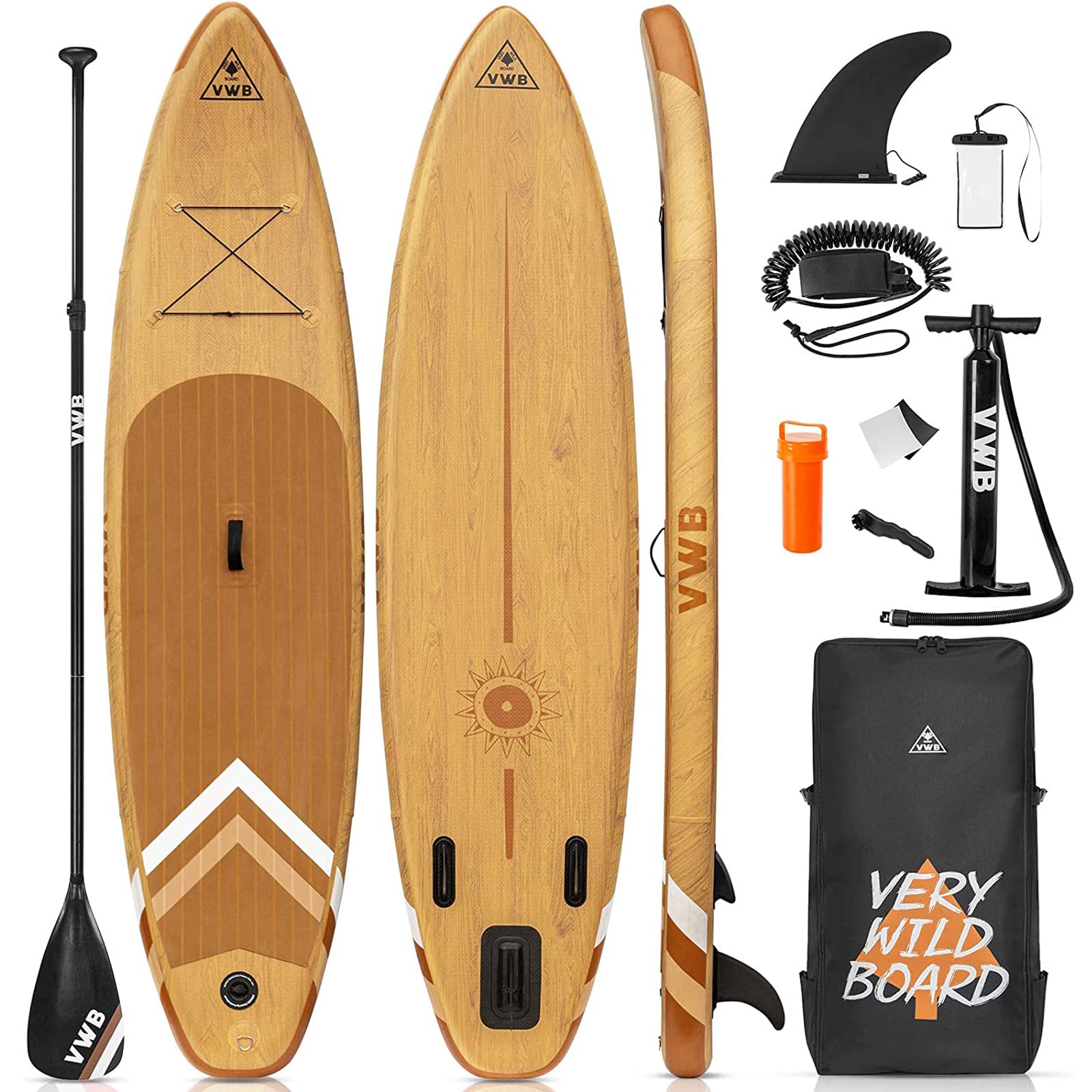 VWB Inflatable Stand Up Paddle Board (11'×33"×6") with SUP Board Accessories & Backpack Non-Slip Deck Waterproof Bag Adjustable Paddle Leash Caudal Fin Repair Kit for Youth & Adult Yellow&Brown
