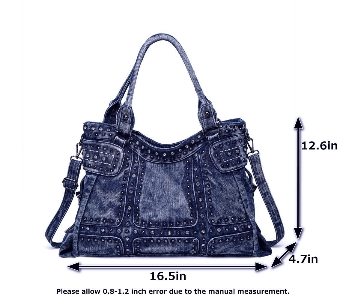 Women's Denim Casual Hobo Bag - Distressed Jeans Large-capacity Shoulder Bags for Daily Use Office Travel (Blue)
